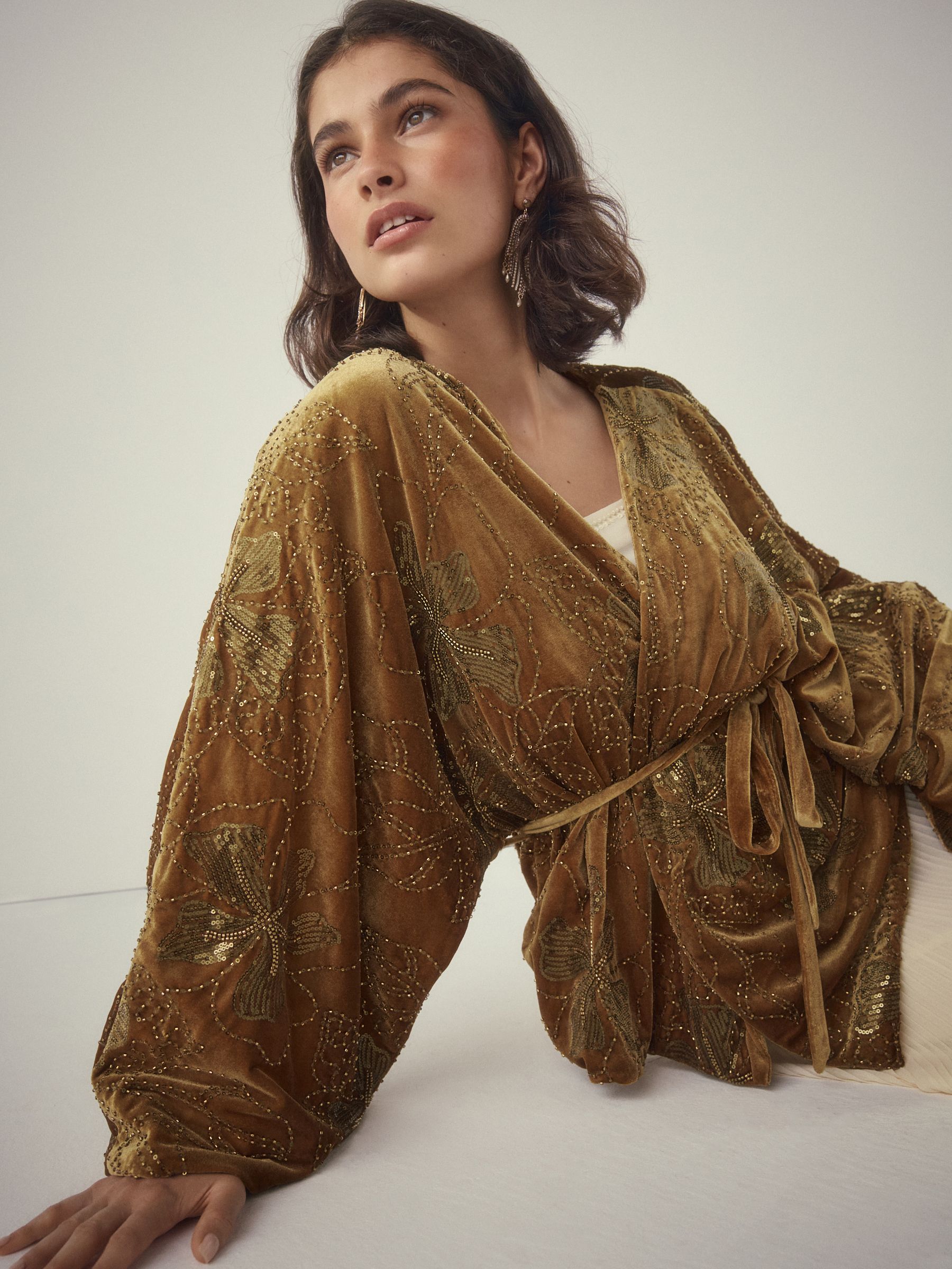 Buy Gold Velvet Embroidered Tie Waist Jacket from Next Kuwait