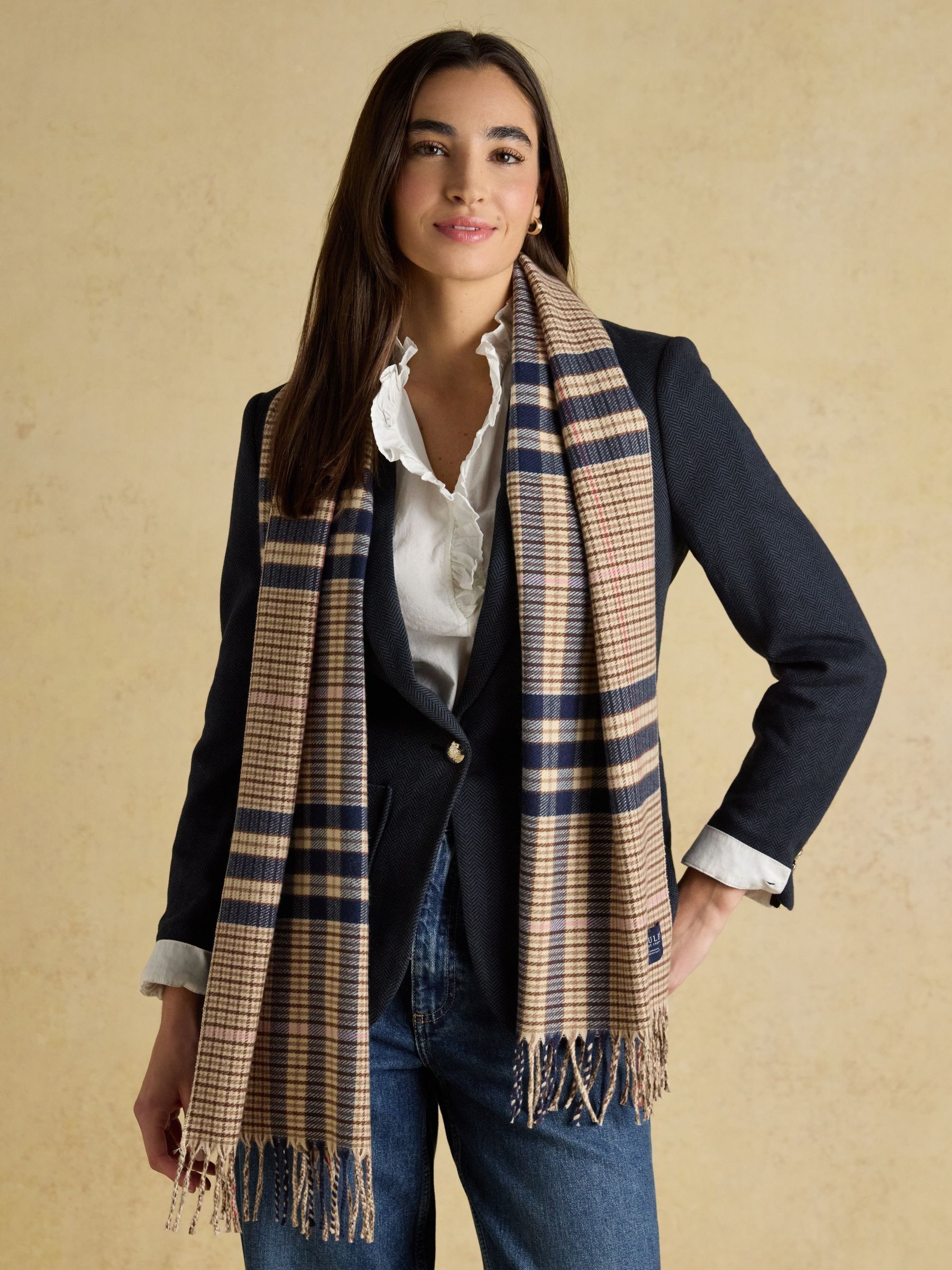 Buy Joules Langtree Neutral & Navy Checked Oversized Scarf from the ...