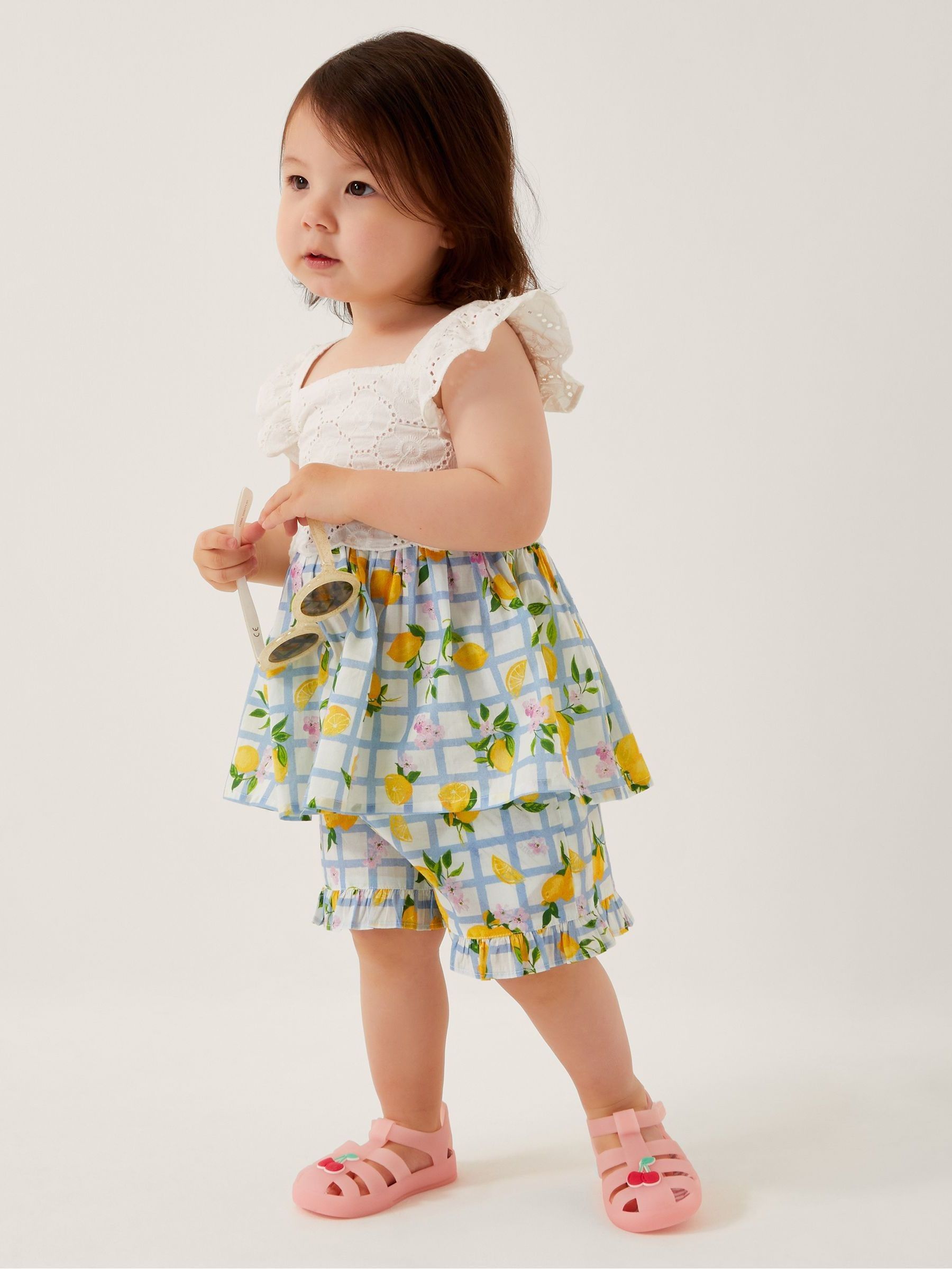 Buy Monsoon Blue Baby Broderie Top and Lemon Print Shorts Set from the ...