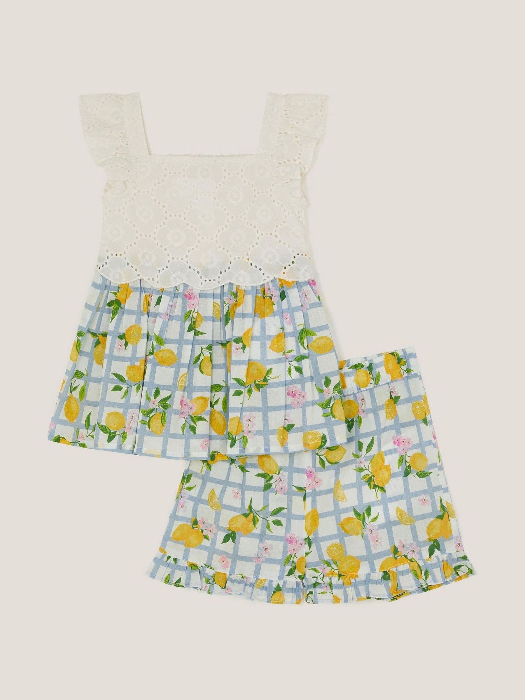 Buy Monsoon Blue Baby Broderie Top and Lemon Print Shorts Set from the ...