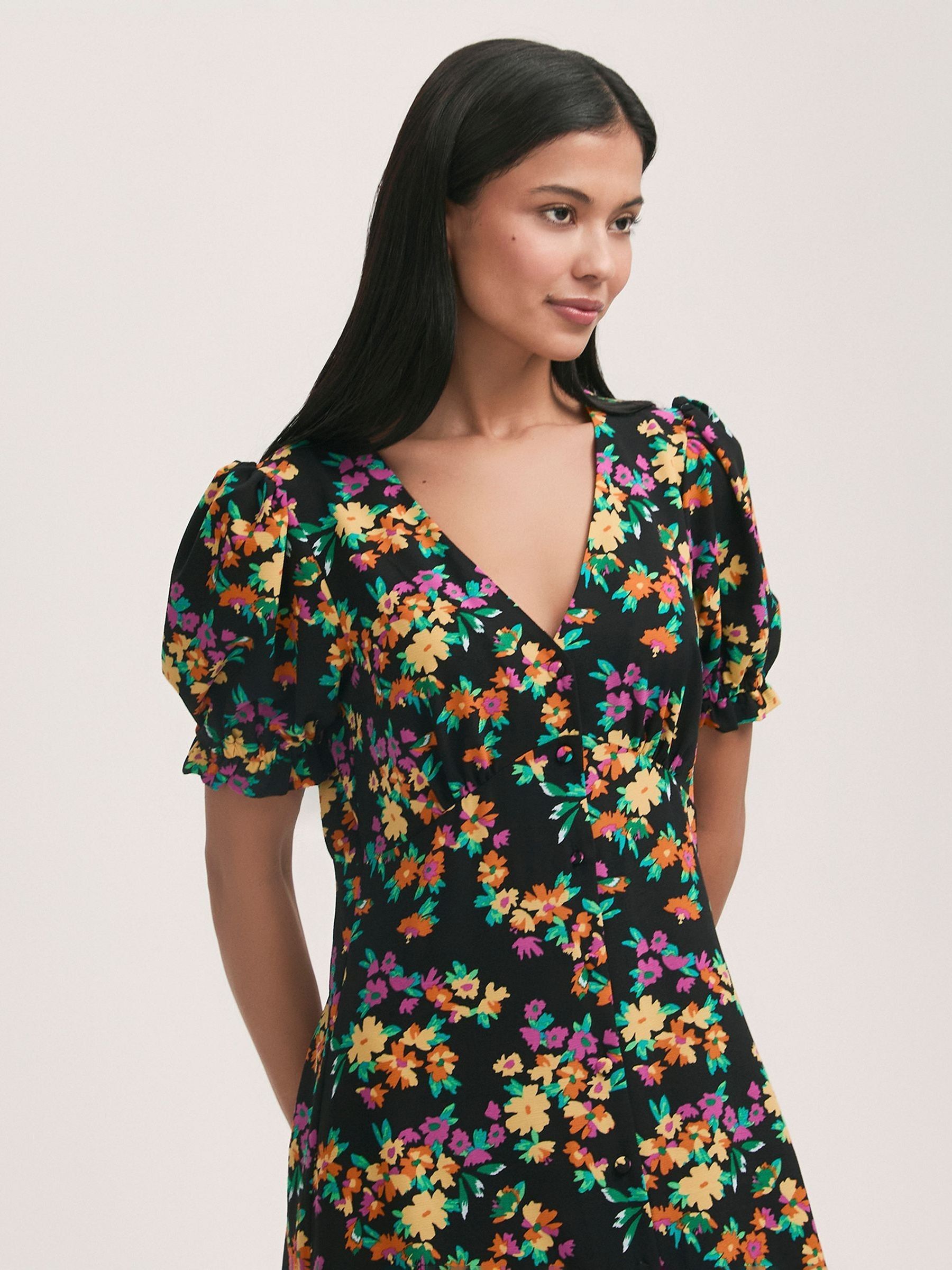 Buy Finery Black Alia Crepe Floral Print Midi Tea Dress from the Next ...