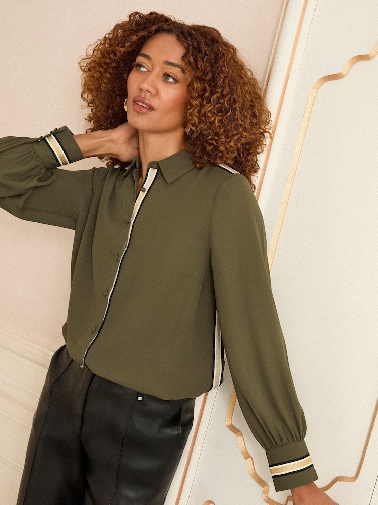 Buy Love & Roses Khaki Metallic Button Through Long Sleeve Shirt from ...