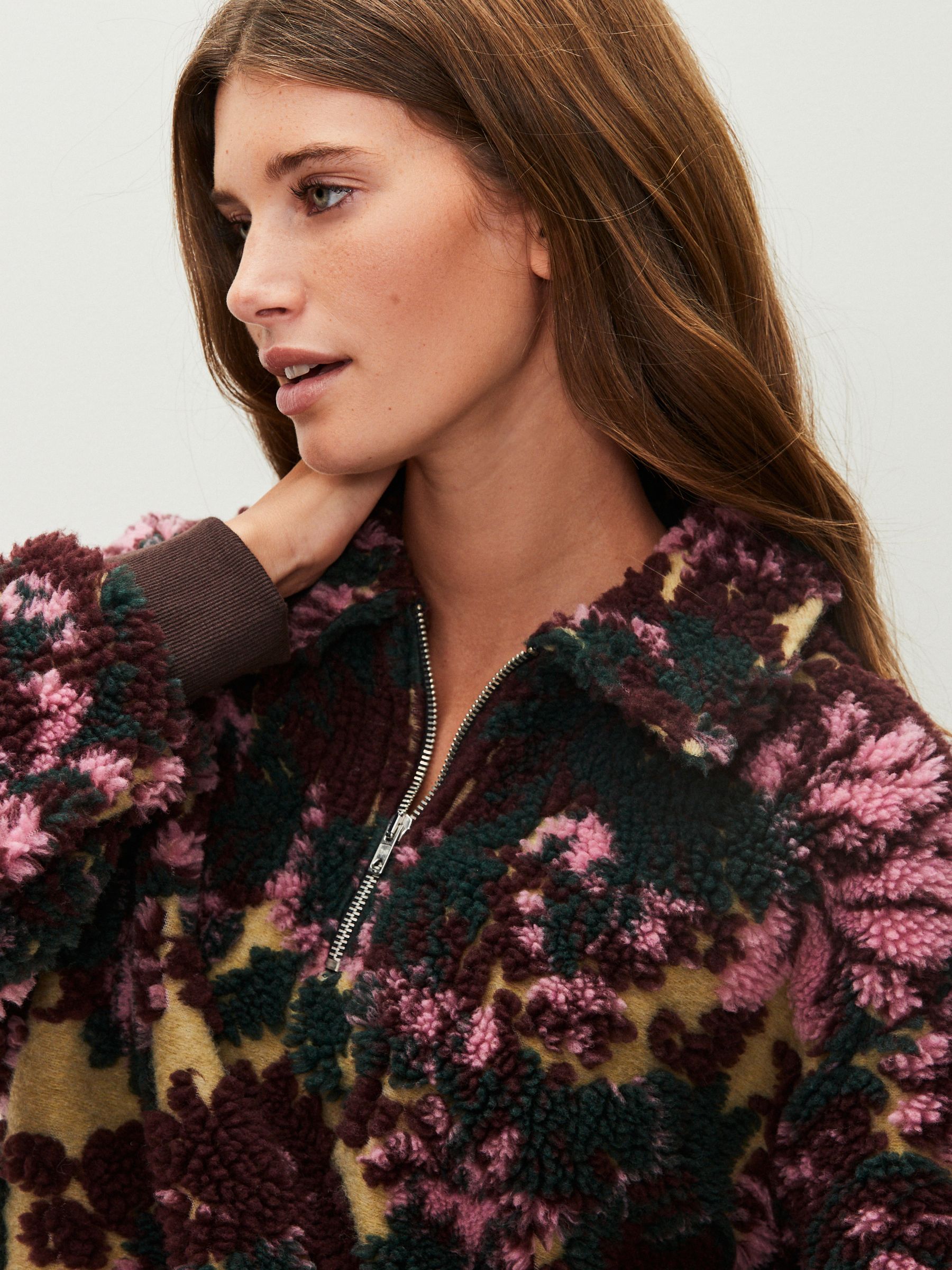 Buy Green Floral Jacquard Teddy Borg Quarter Zip Fleece Sweatshirt from ...