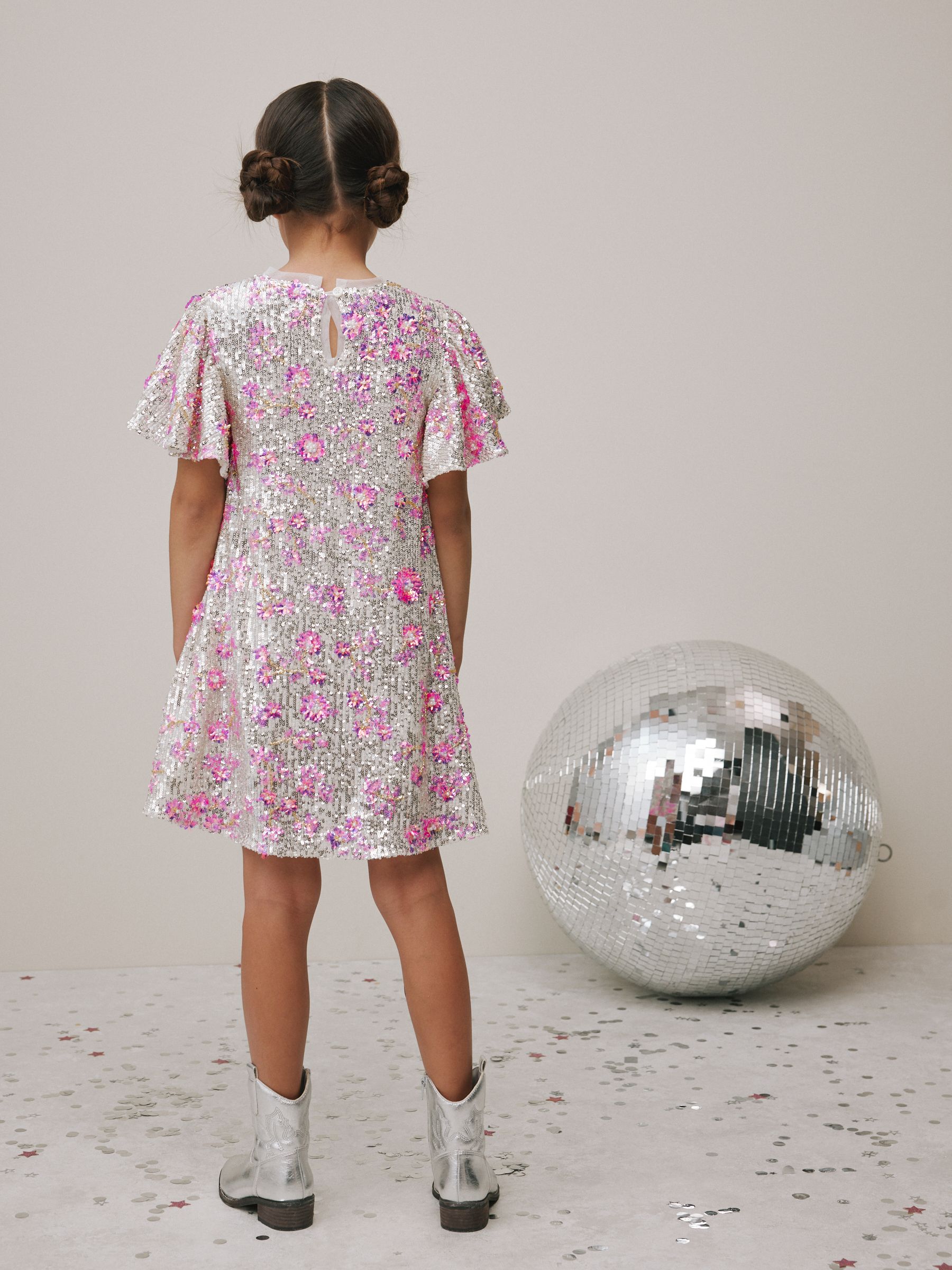 Buy Silver/Pink 3D Floral Sequin Party Dress (3-16yrs) from Next United ...