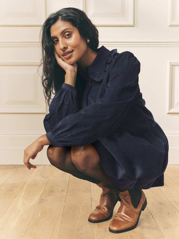 Laura Ashley Navy Ellerby Floral Cord Long Sleeve Mini Dress | Laura Ashley