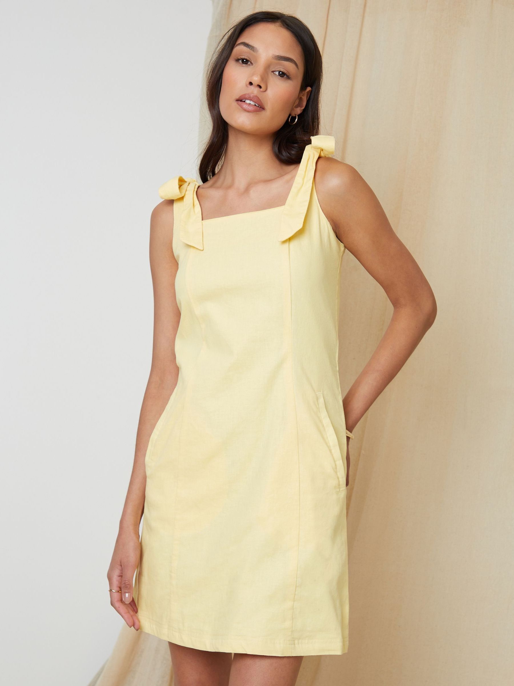 Buy Threadbare Yellow Tie Strap Linen Blend Mini Shift Summer Dress ...