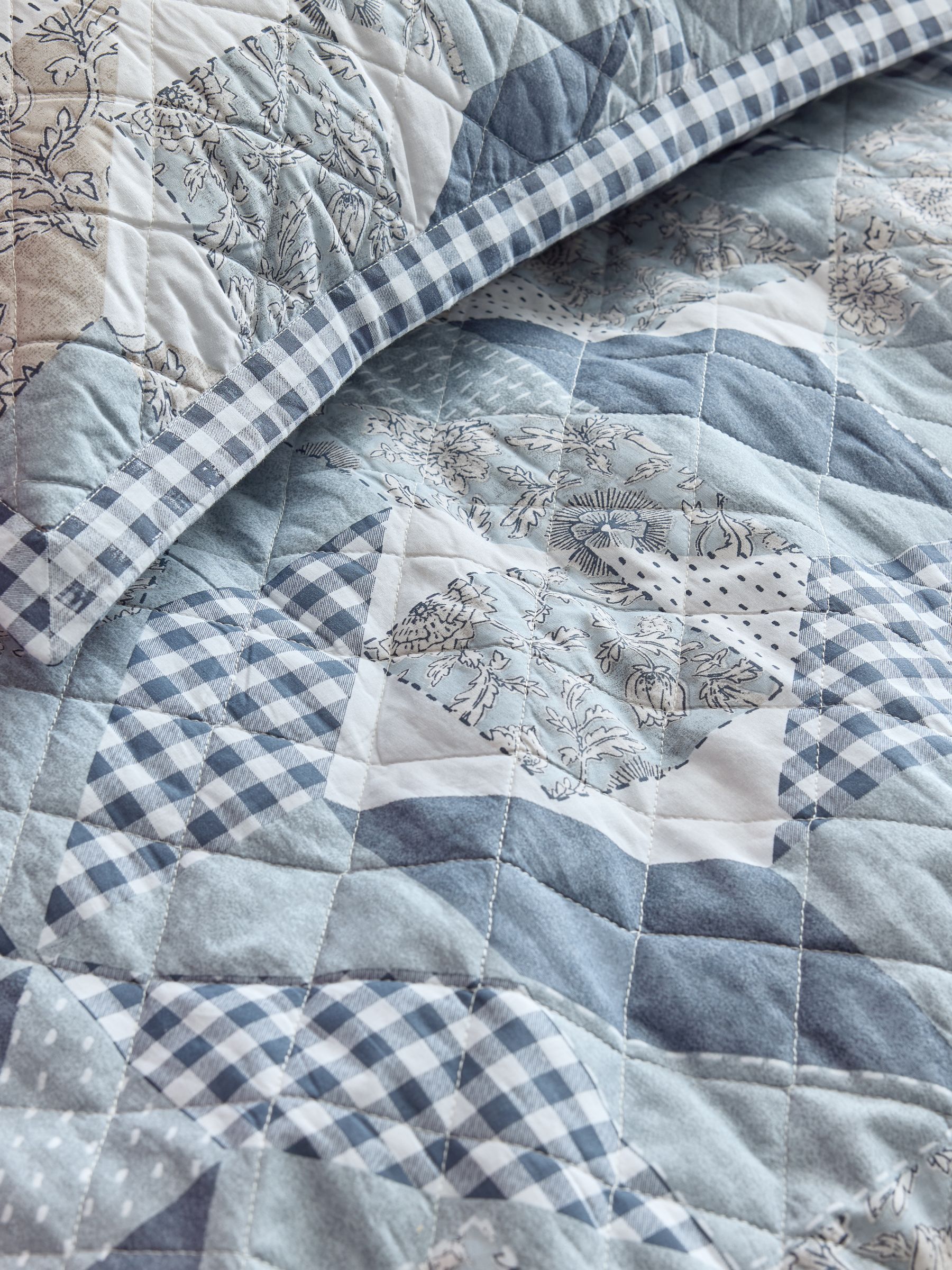 Buy Blue Woodblock Quilted Patchwork 100% Cotton Duvet Cover and ...
