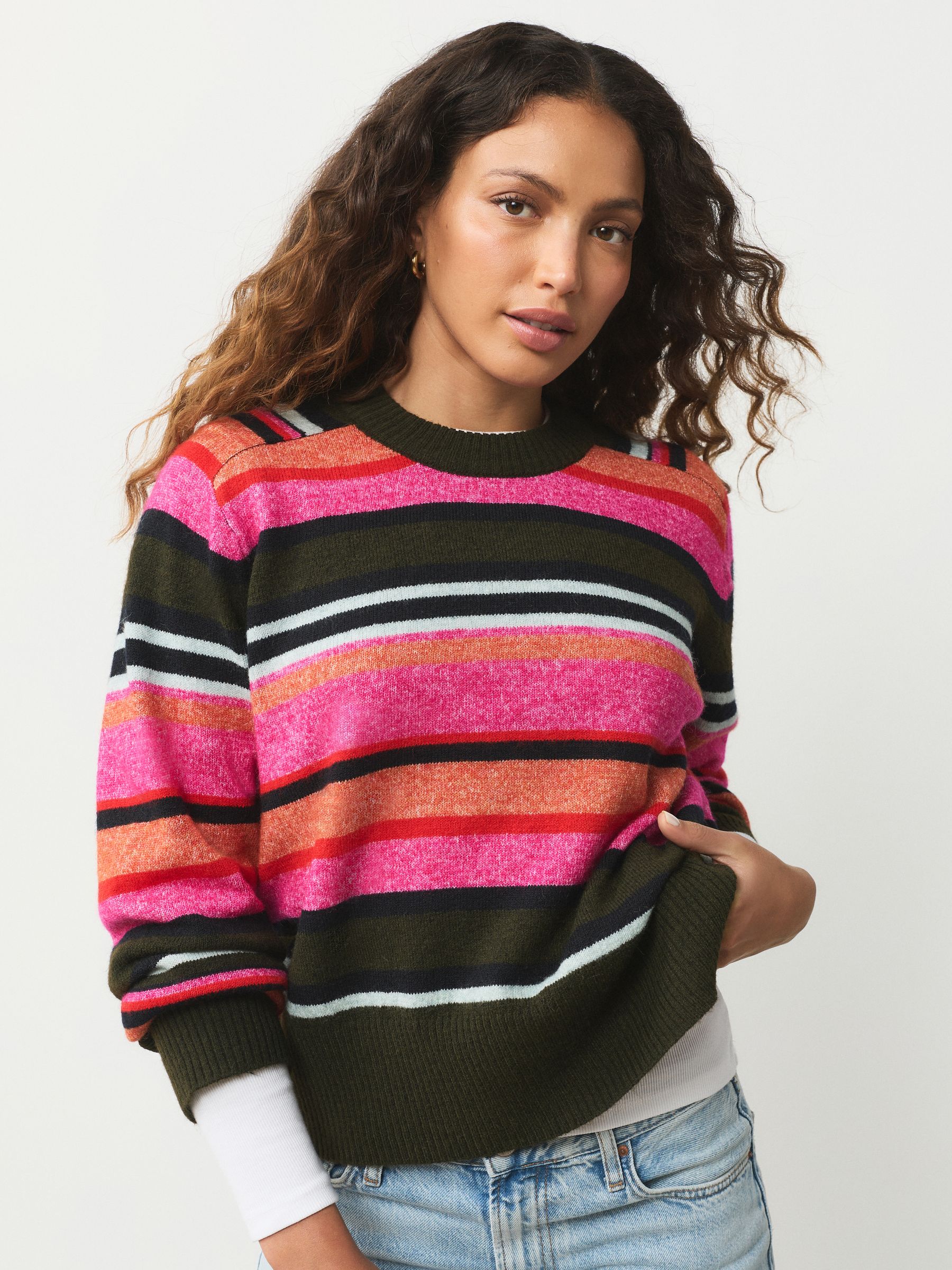 Buy Bright Pink/Khaki Multi Stripe Crew Neck Knitted Jumper with Wool ...