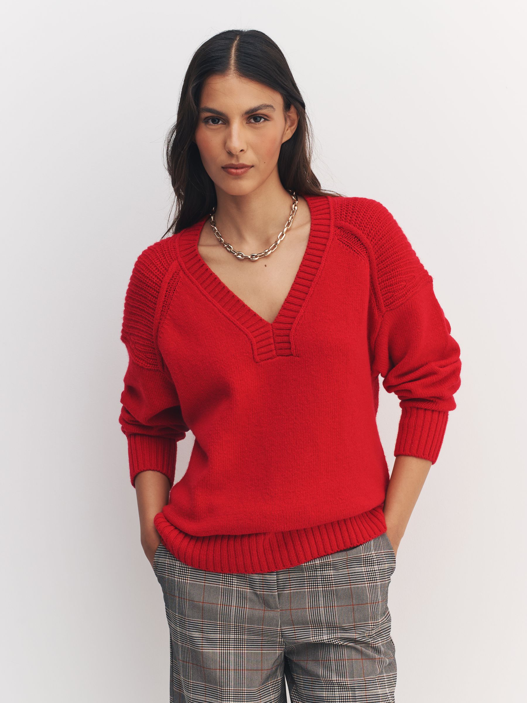 Buy Cherry Red Cotton And Wool Blend Longline V-Neck Jumper from Next ...