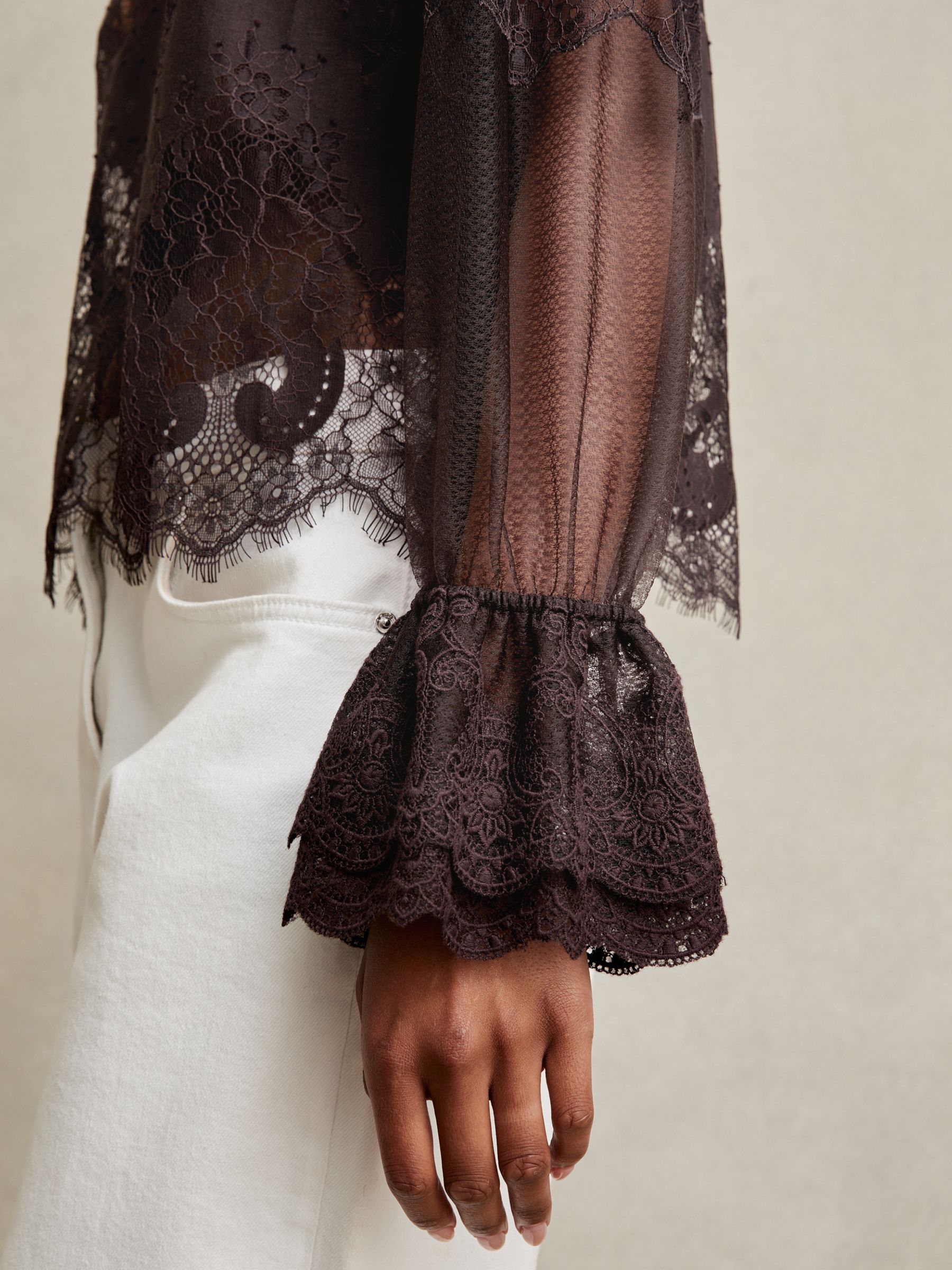 Buy Reiss Chocolate Brown Emilia Lace Flared Cuff Blouse from the Next ...