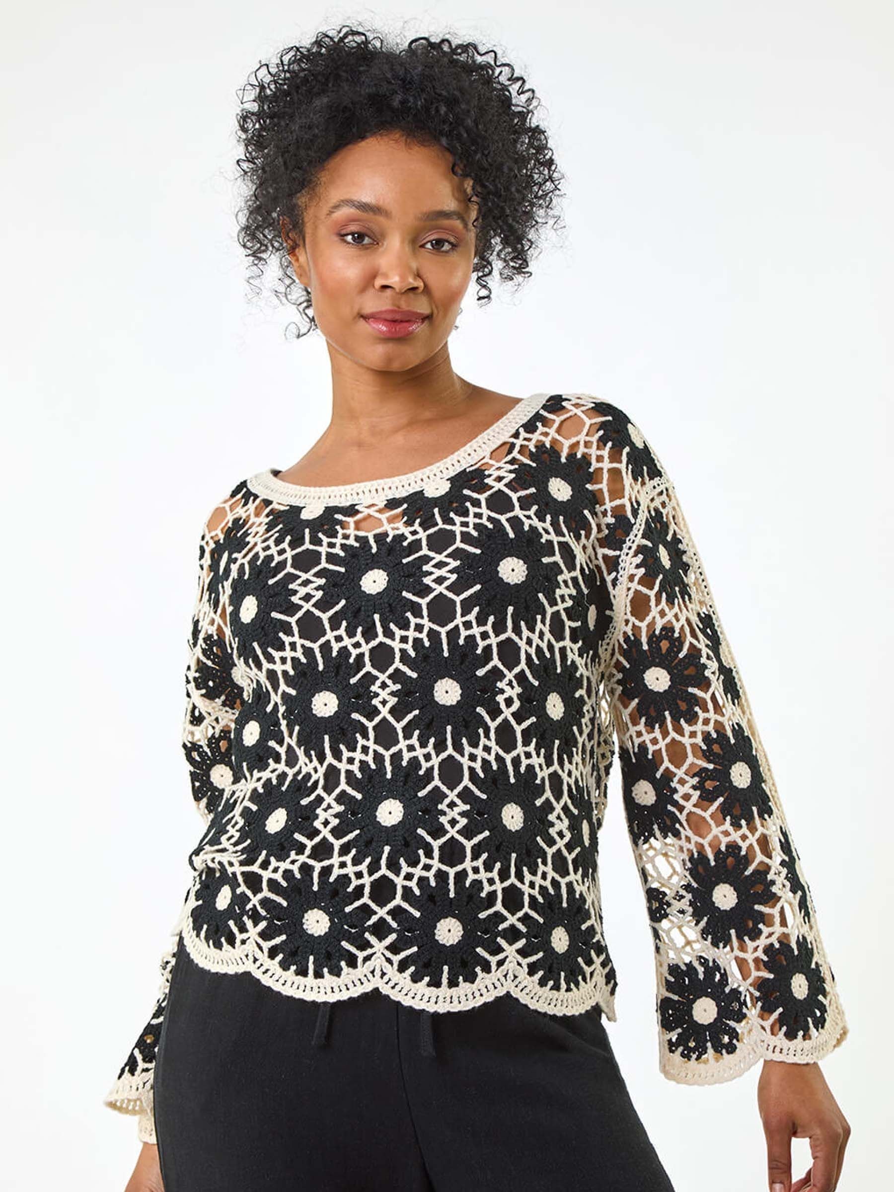 Buy Roman Black Petite Petite Crochet Floral Knit Top from the Next UK ...