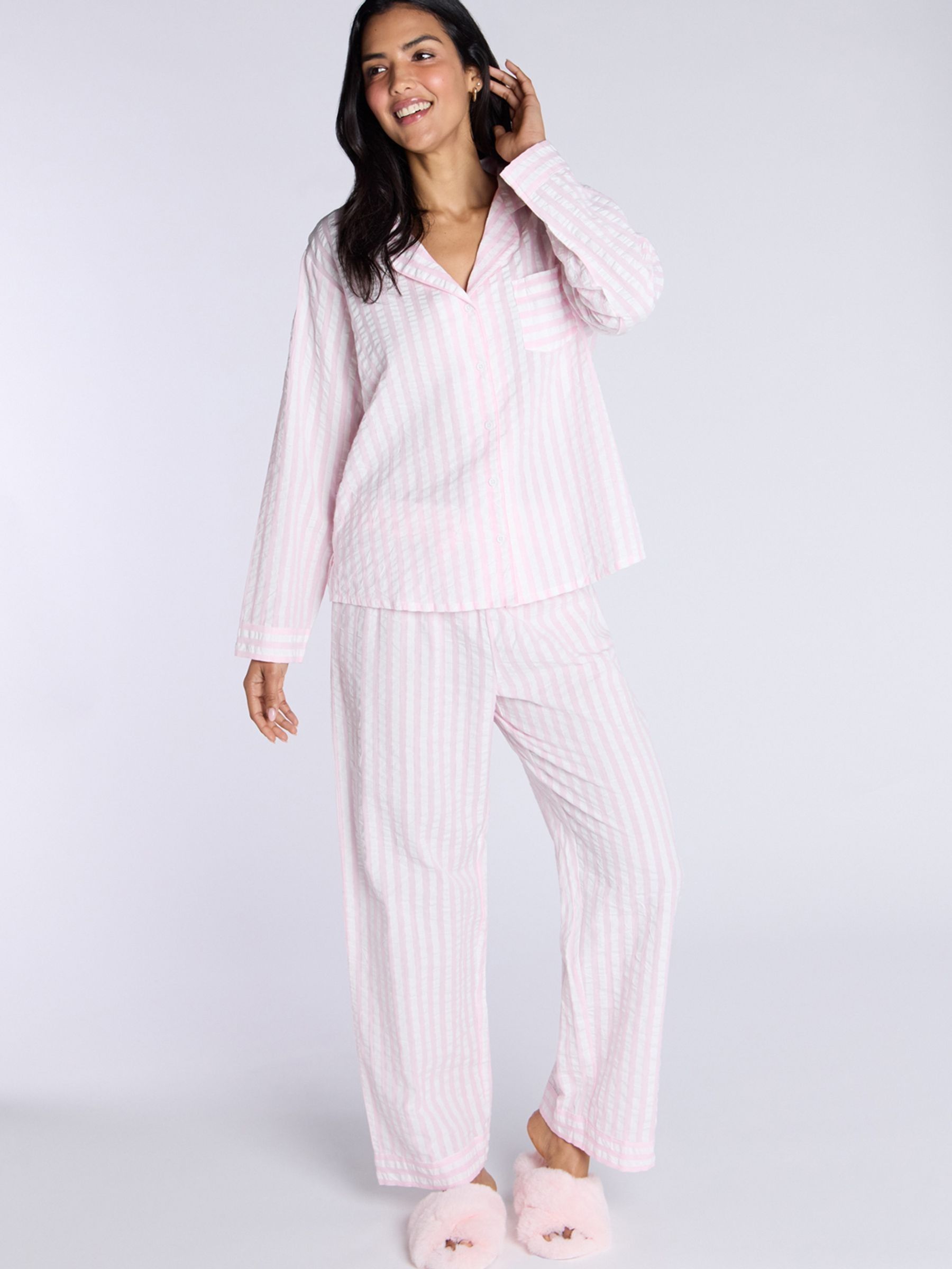 Buy Boux Avenue Pink Seersucker Stripe Long Cotton Pyjamas Set from the ...