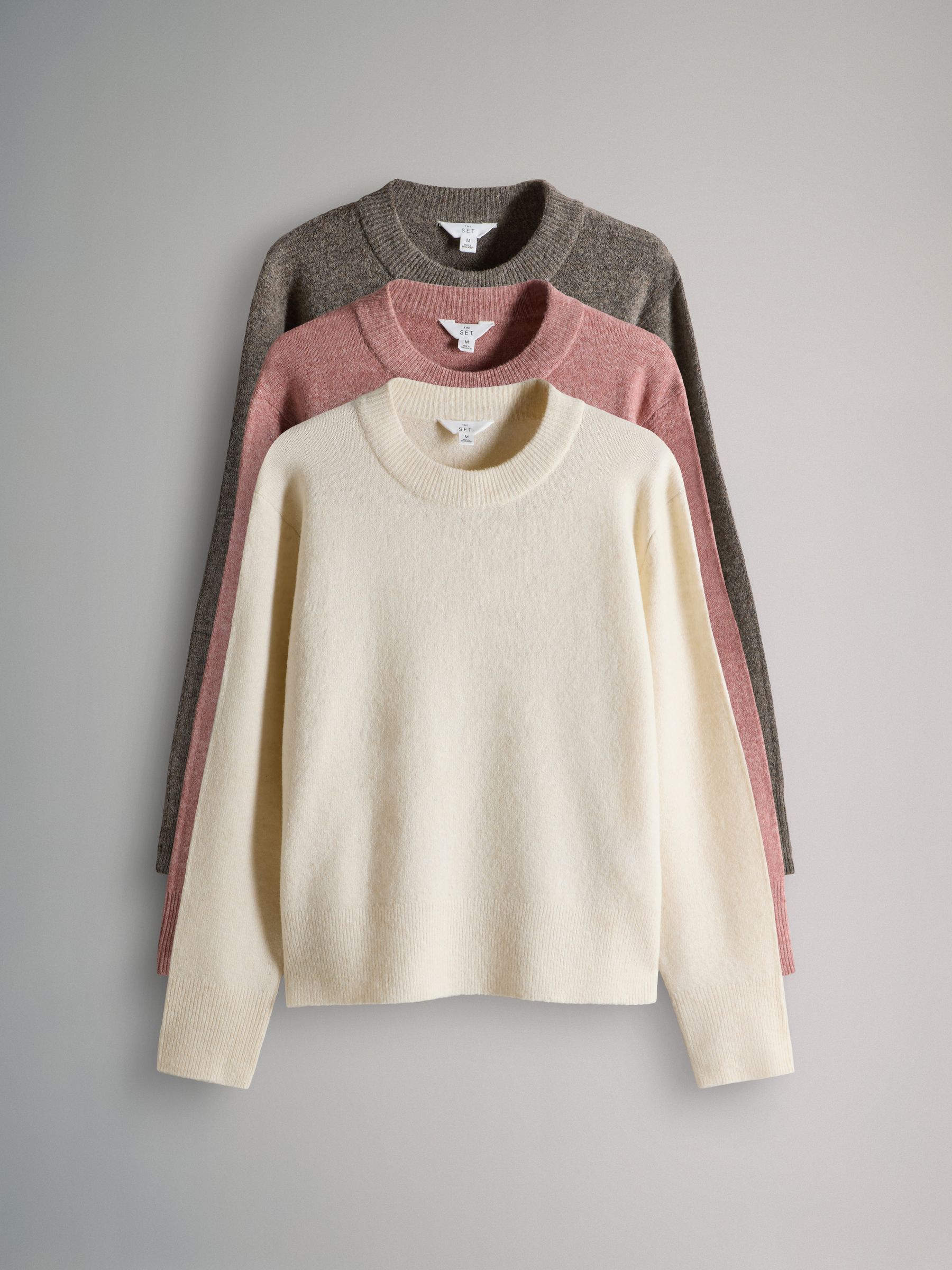 Buy The Set 3 Pack Crew Neck Knitted Jumpers with Wool Brown/Dark Pink ...