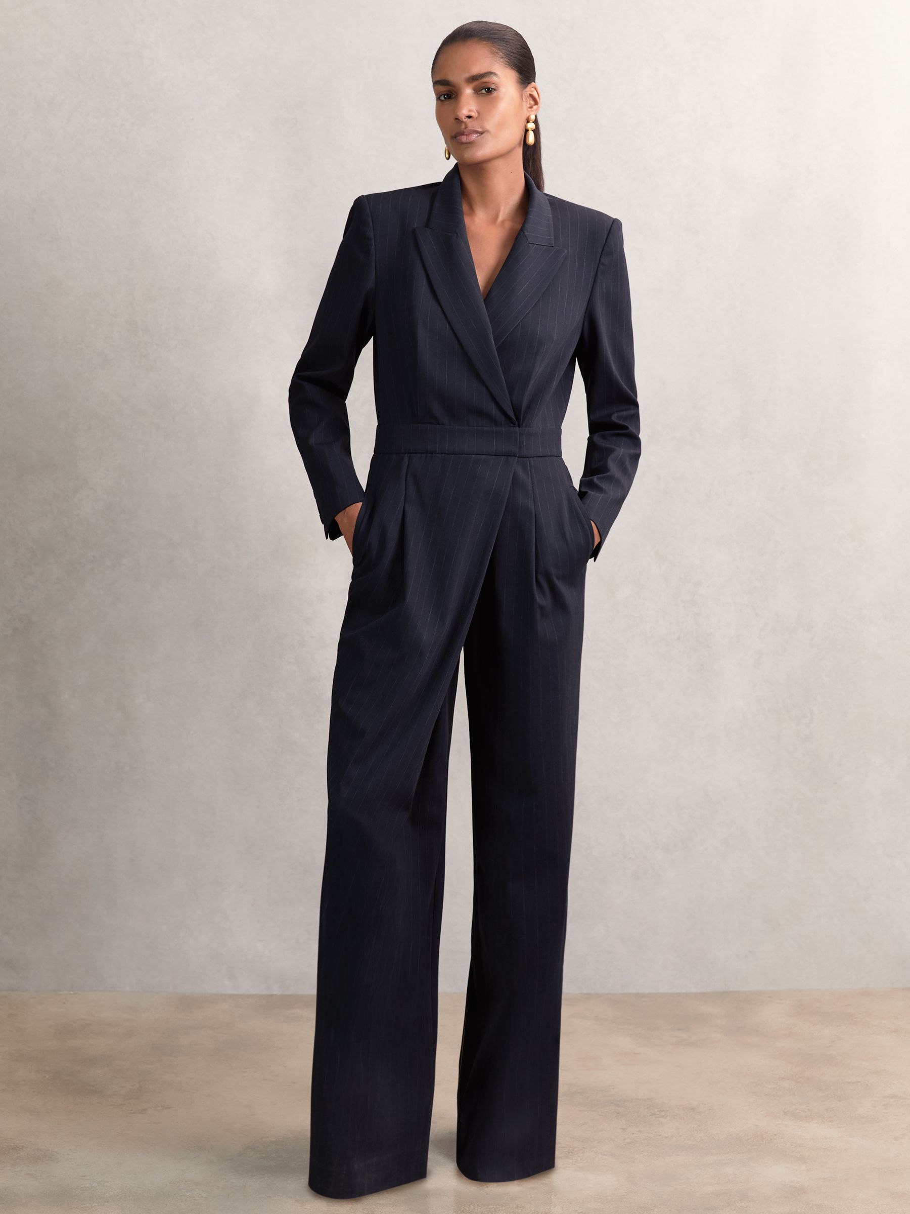 Buy Reiss Navy Rhoda Pinstripe Tailored Wide-Leg Jumpsuit with Wool ...
