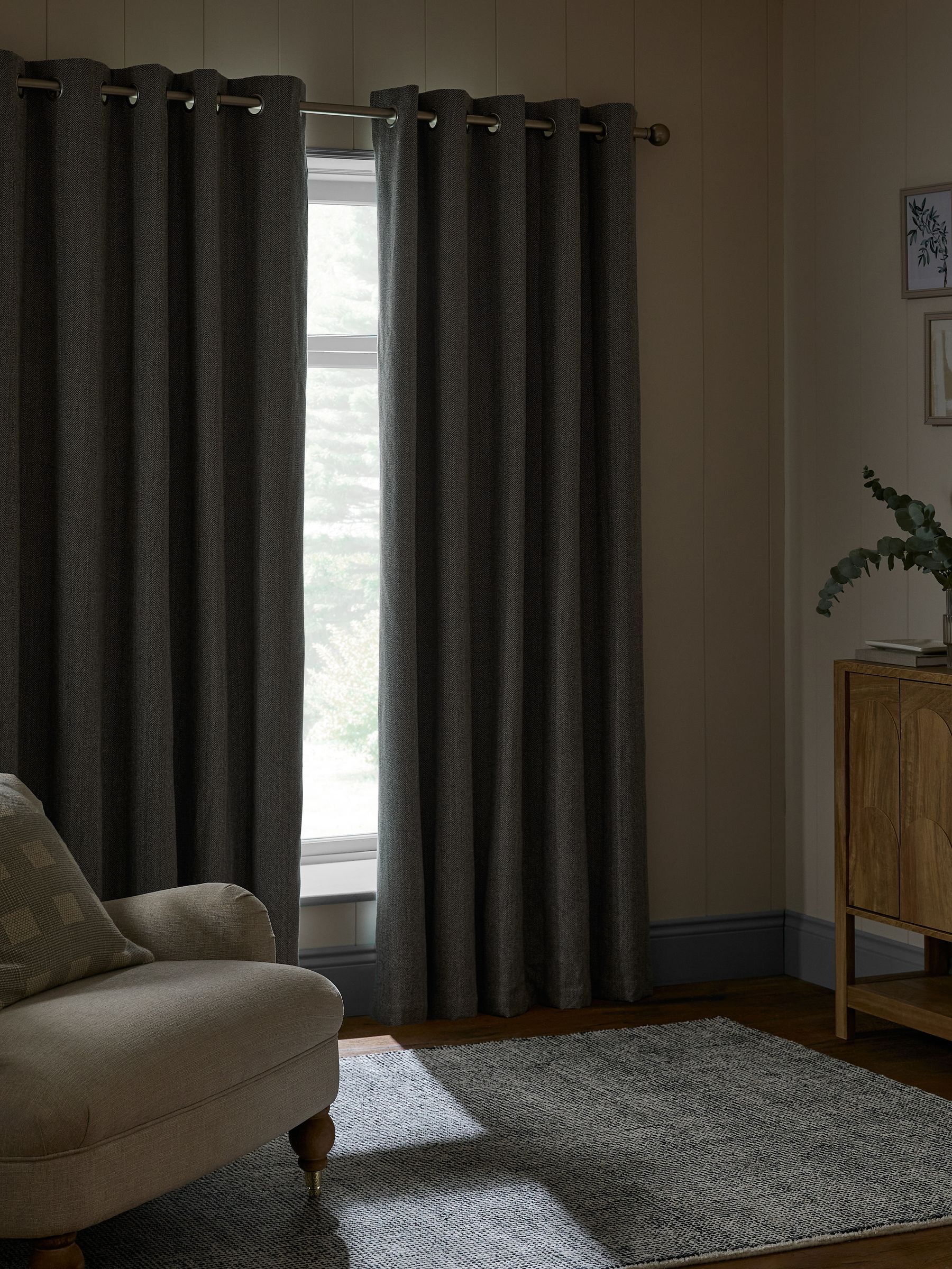 Buy Grey Brushed Herringbone Eyelet Blackout/Thermal Curtains from the ...