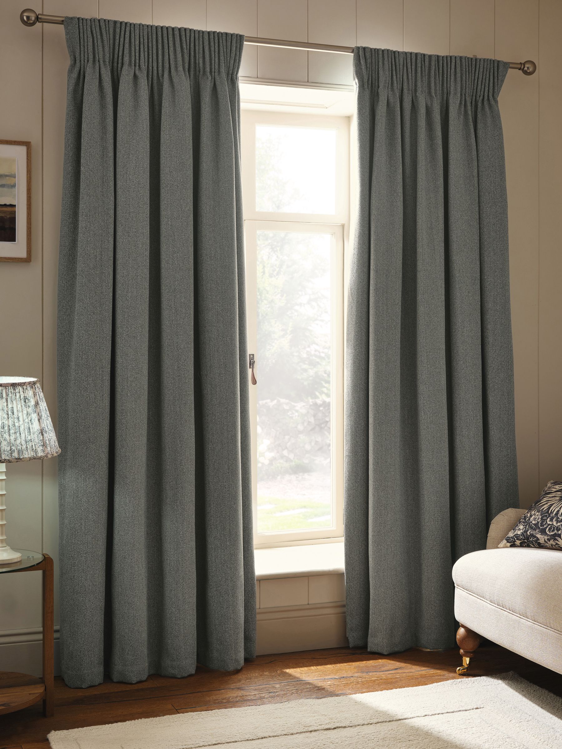Buy Grey Brushed Herringbone Pencil Pleat Blackout Thermal Curtains ...