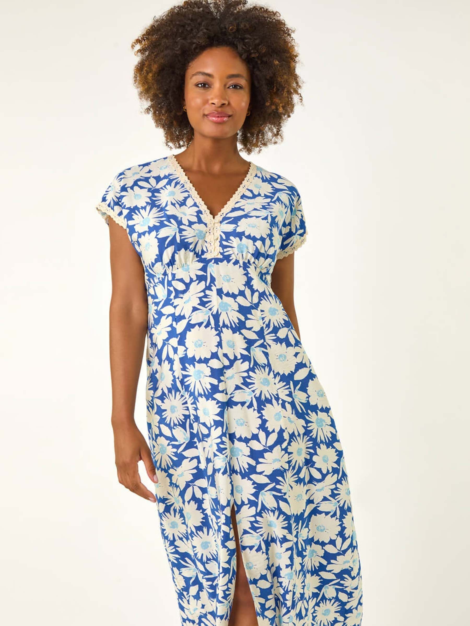 Buy Roman Blue Ditsy Lace Trim Midi Dress from the Next UK online shop