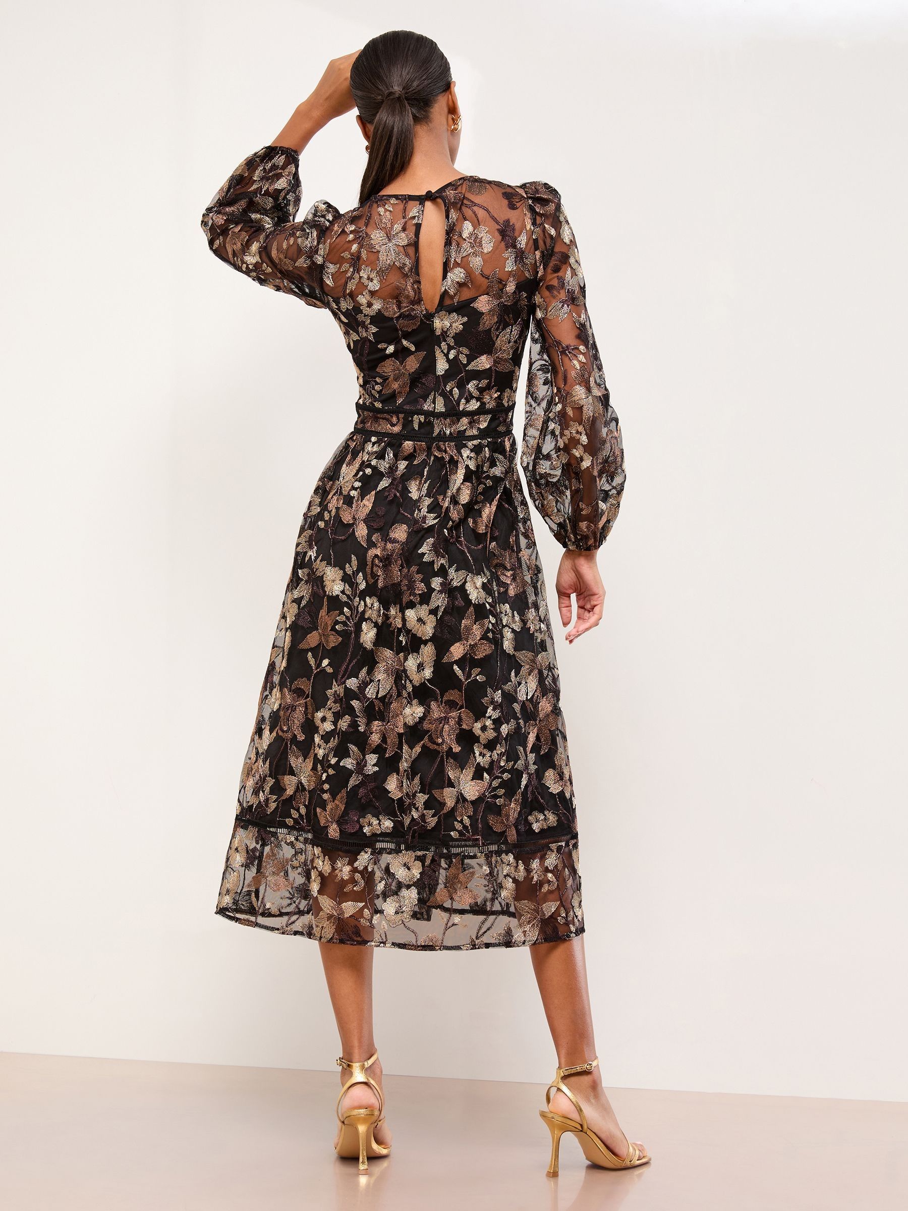 Buy Lipsy Black Premium Long Sleeve Embroidered Floral Print Prom Midi ...