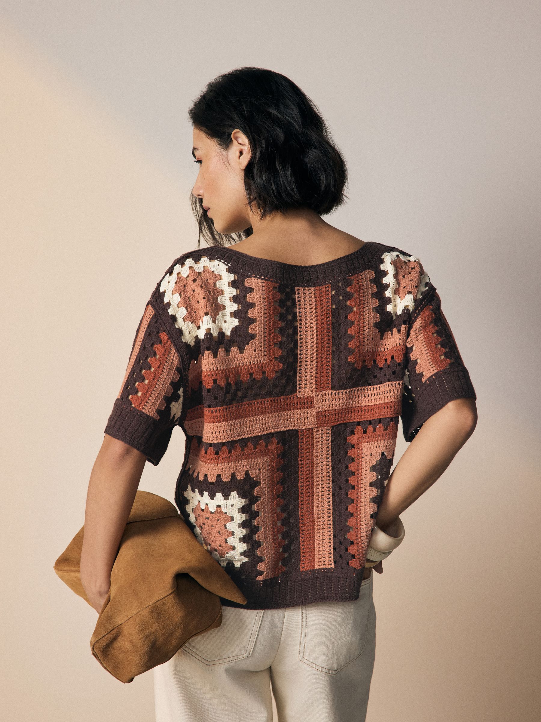 Buy Brown Chocolate Pattern Short Sleeve Crochet Crew Neck T-Shirt from ...