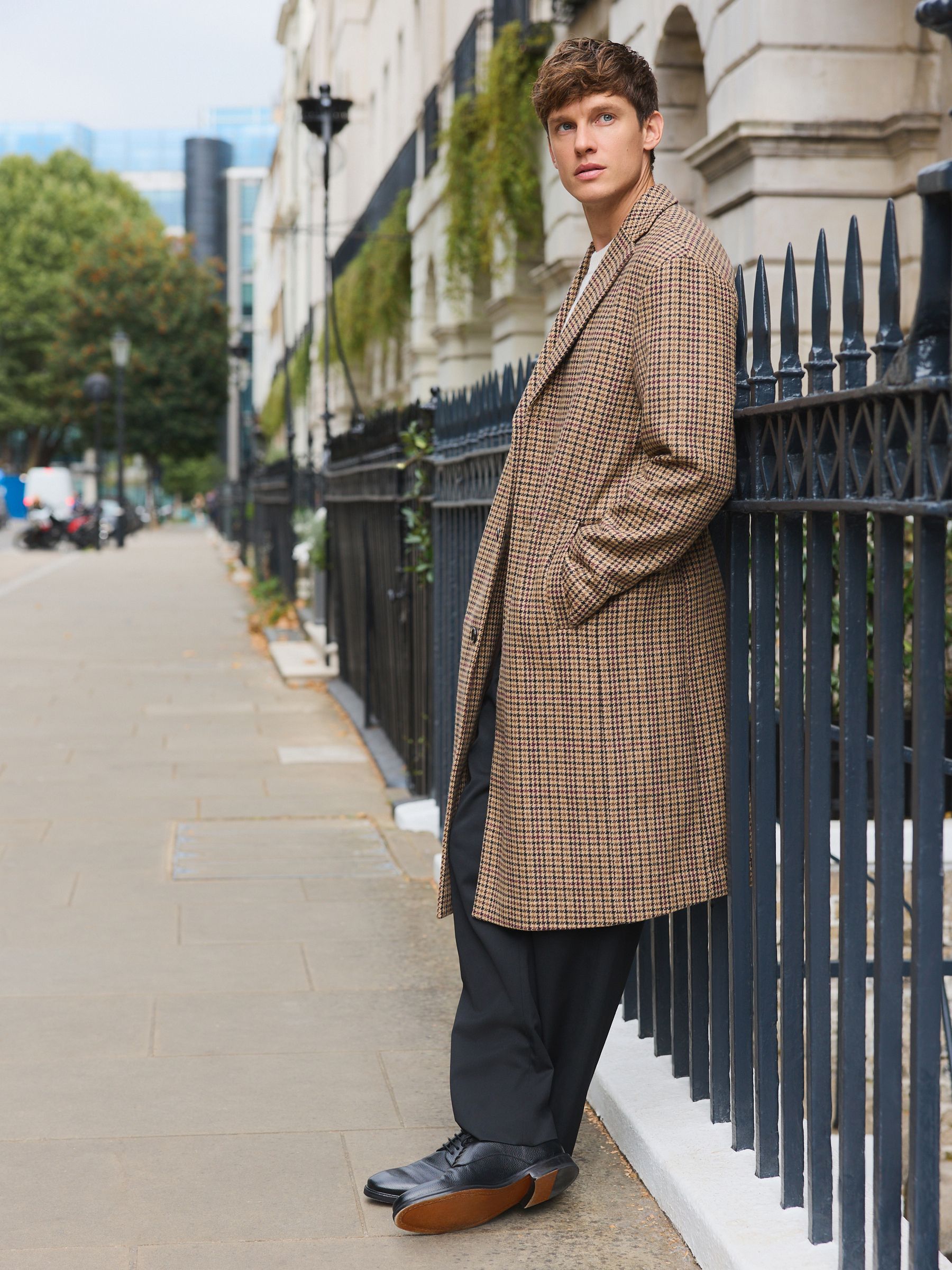 Buy Neutral Wool Rich Italian Fabric Dogtooth Check Epsom Coat from the ...