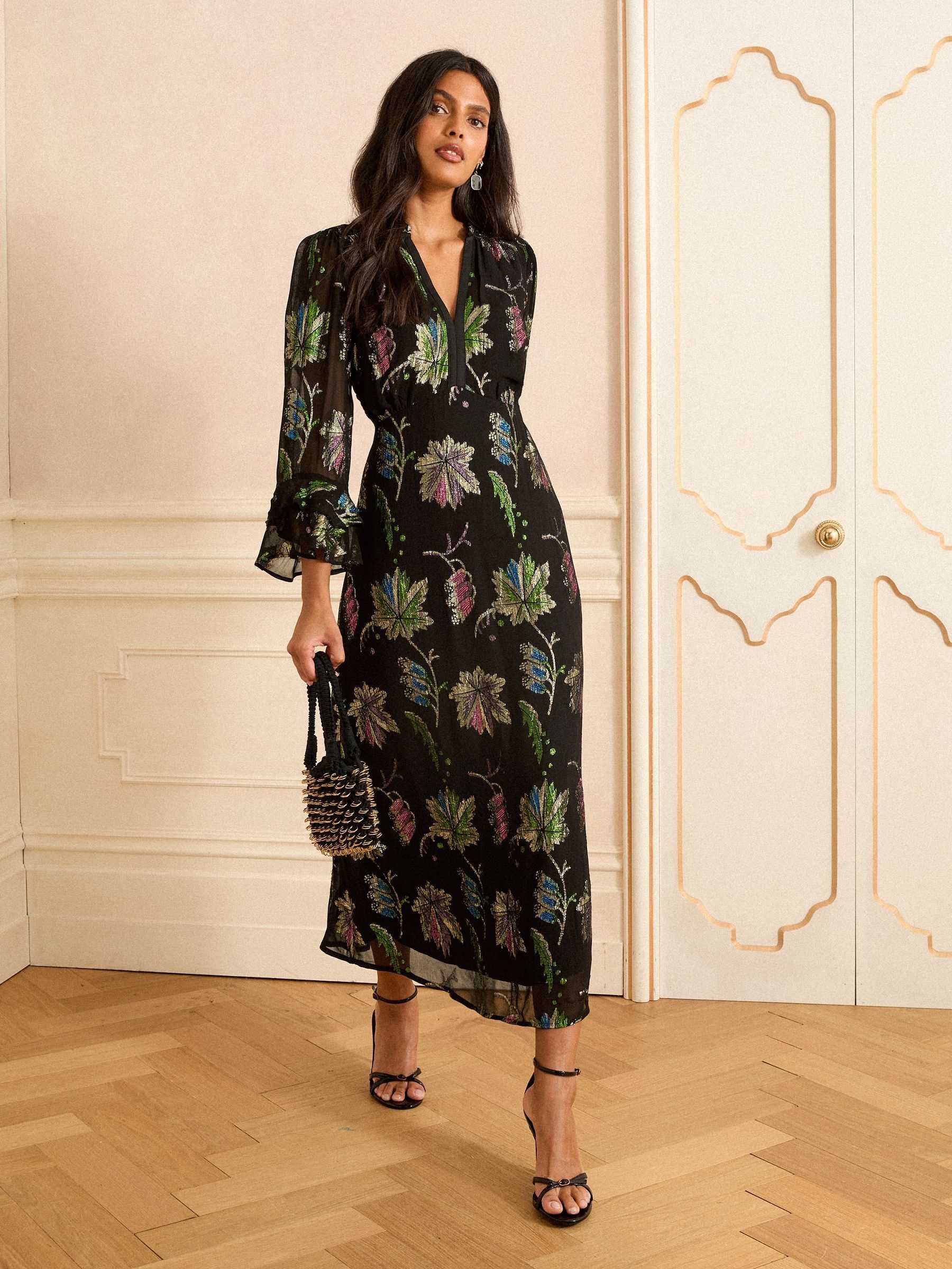 Buy Love & Roses Black Leaf Metallic V-Neck Midi Dress from Next Australia