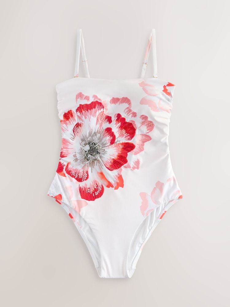 Buy B by Ted Baker Beaded Tummy Control Bandeau White Floral Swimsuit ...
