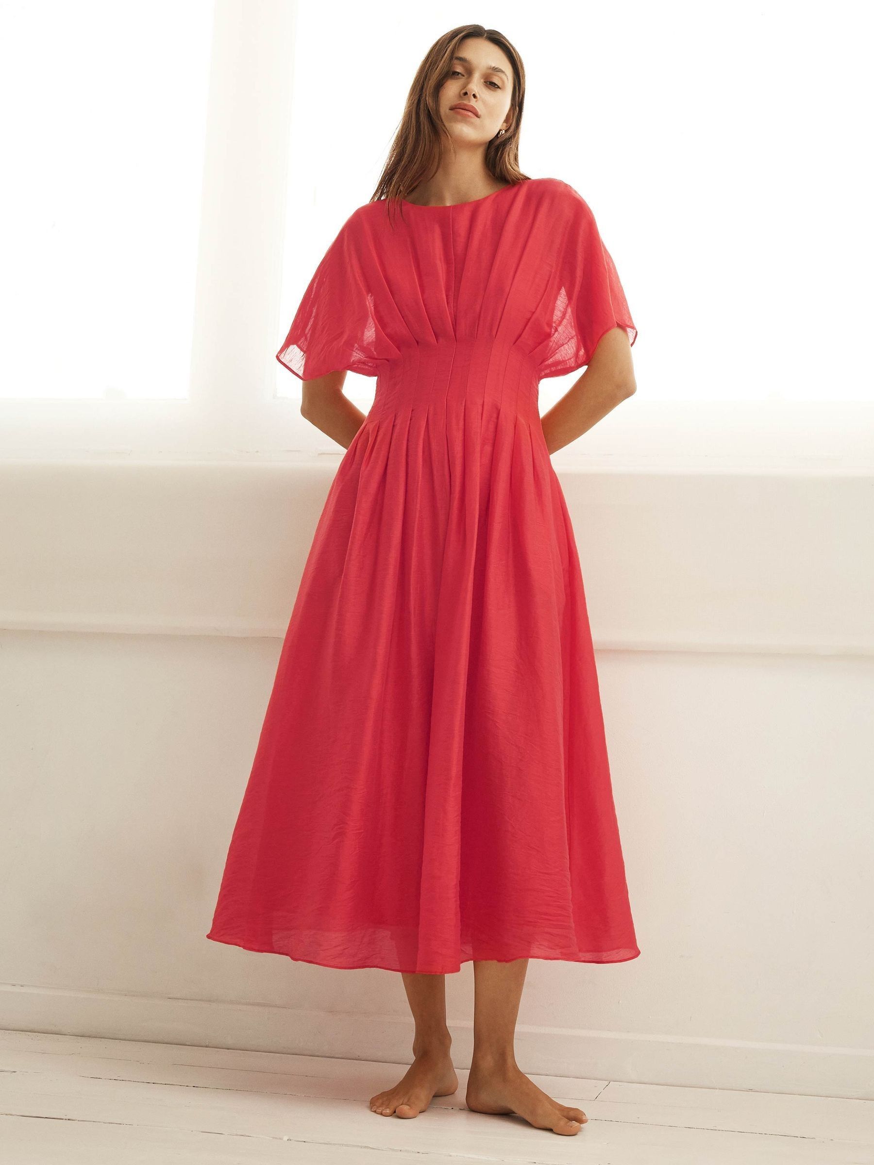 Buy Forever New Red Eve Seam Detail Midi Dress with A Touch Of Linen ...