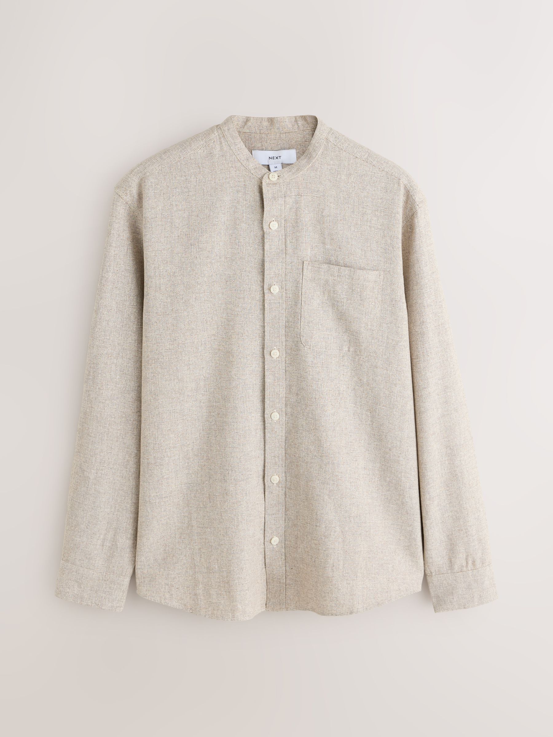 Buy Neutral Grandad Collar Cotton Linen Blend Long Sleeve Shirt from ...