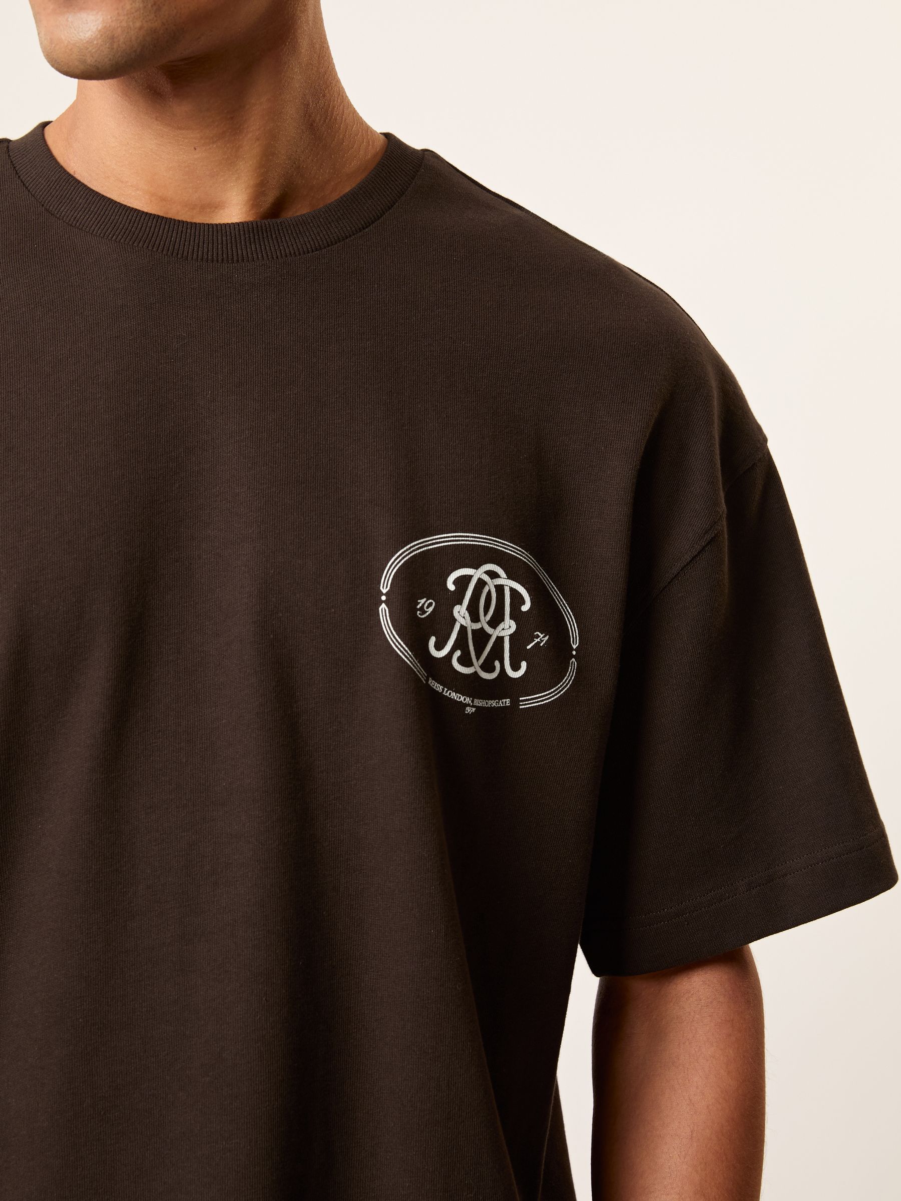 Buy Reiss Brown Cuthbert Monogram Print Cotton Oversized T-Shirt from ...