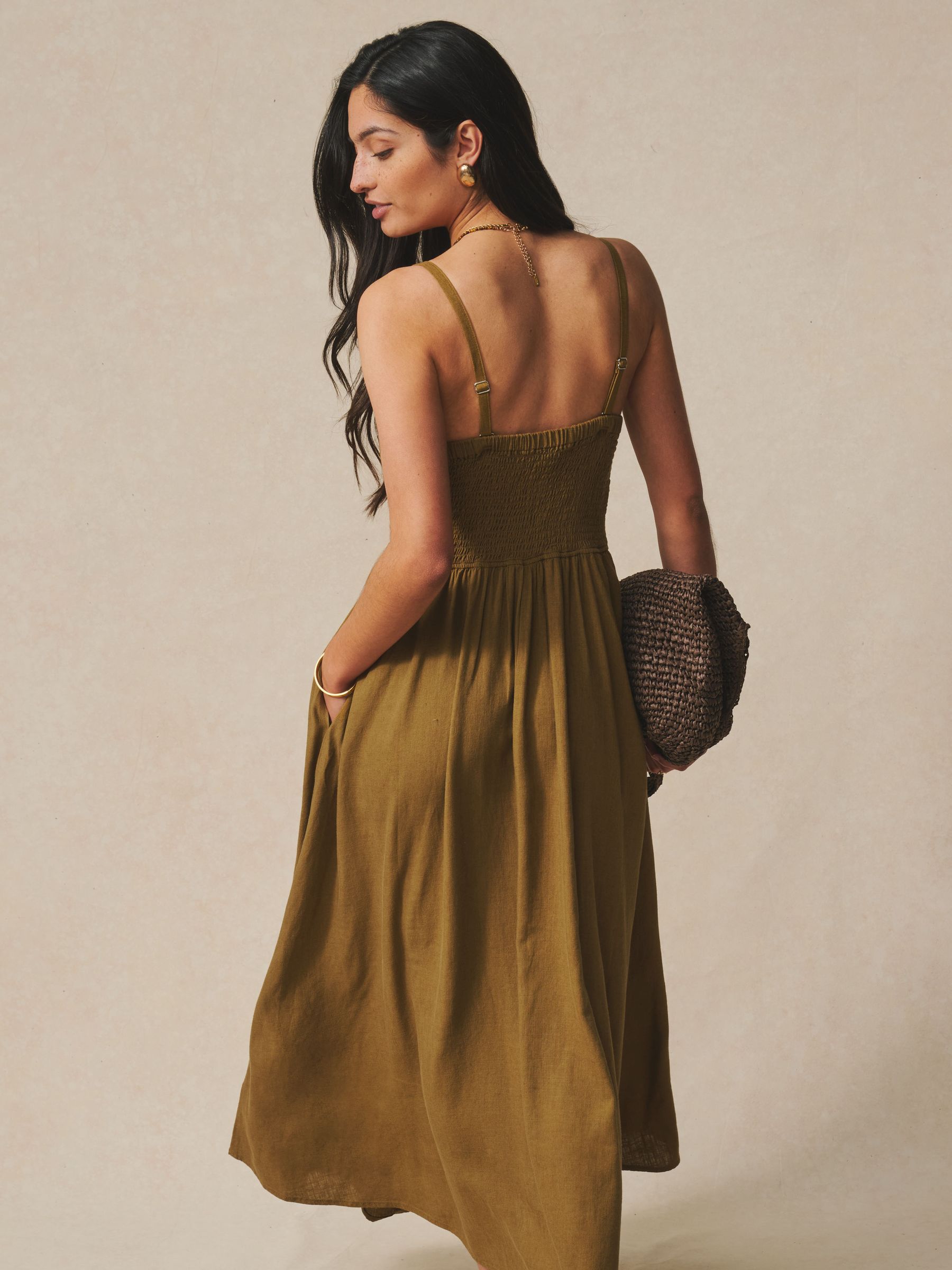 Buy Khaki Green Ruched Bandeau Midi Dress with Linen from Next Germany