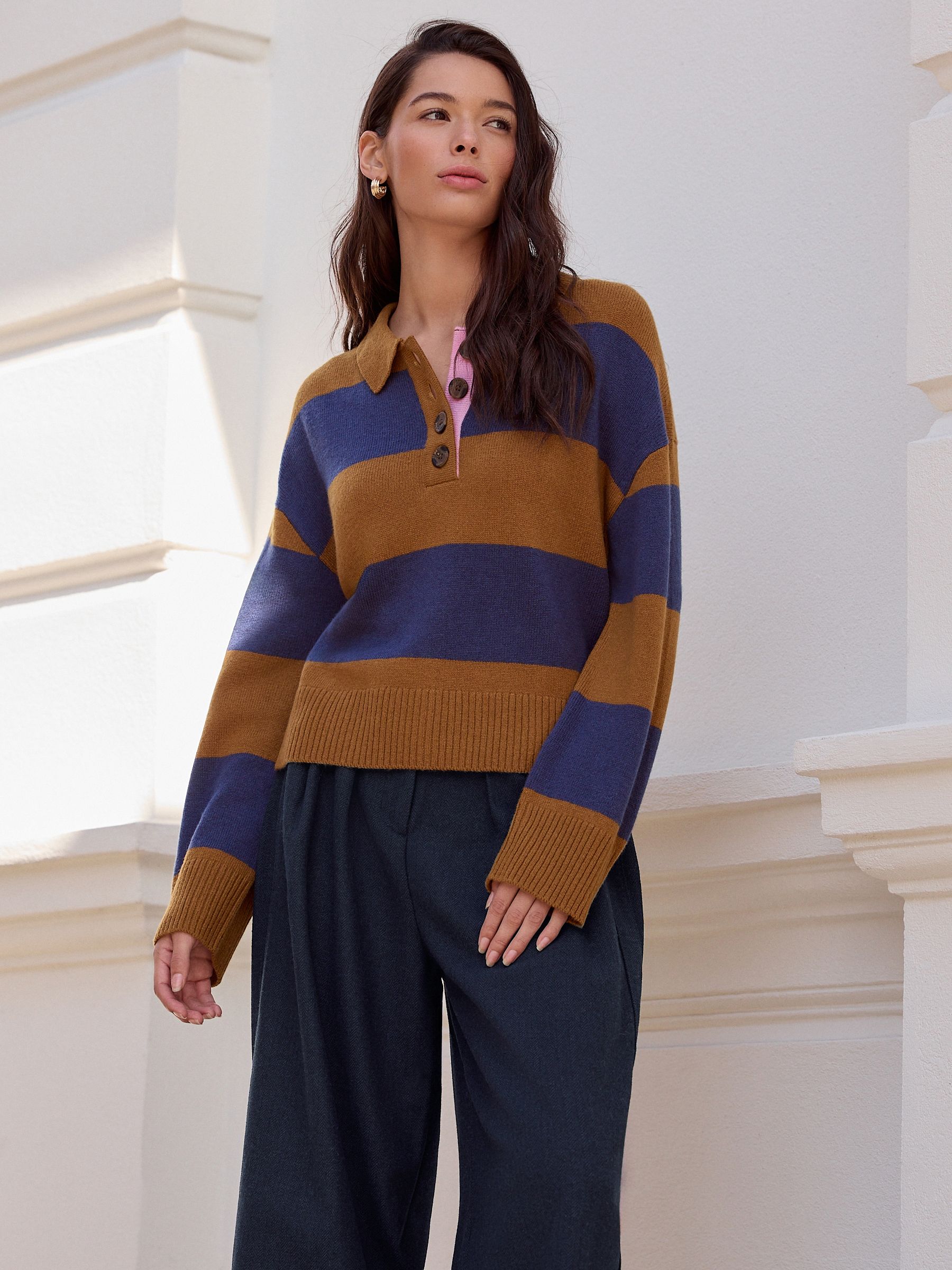 Buy Camel Brown/Blue Stripe N. Premium 100% Wool Polo Jumper from Next ...