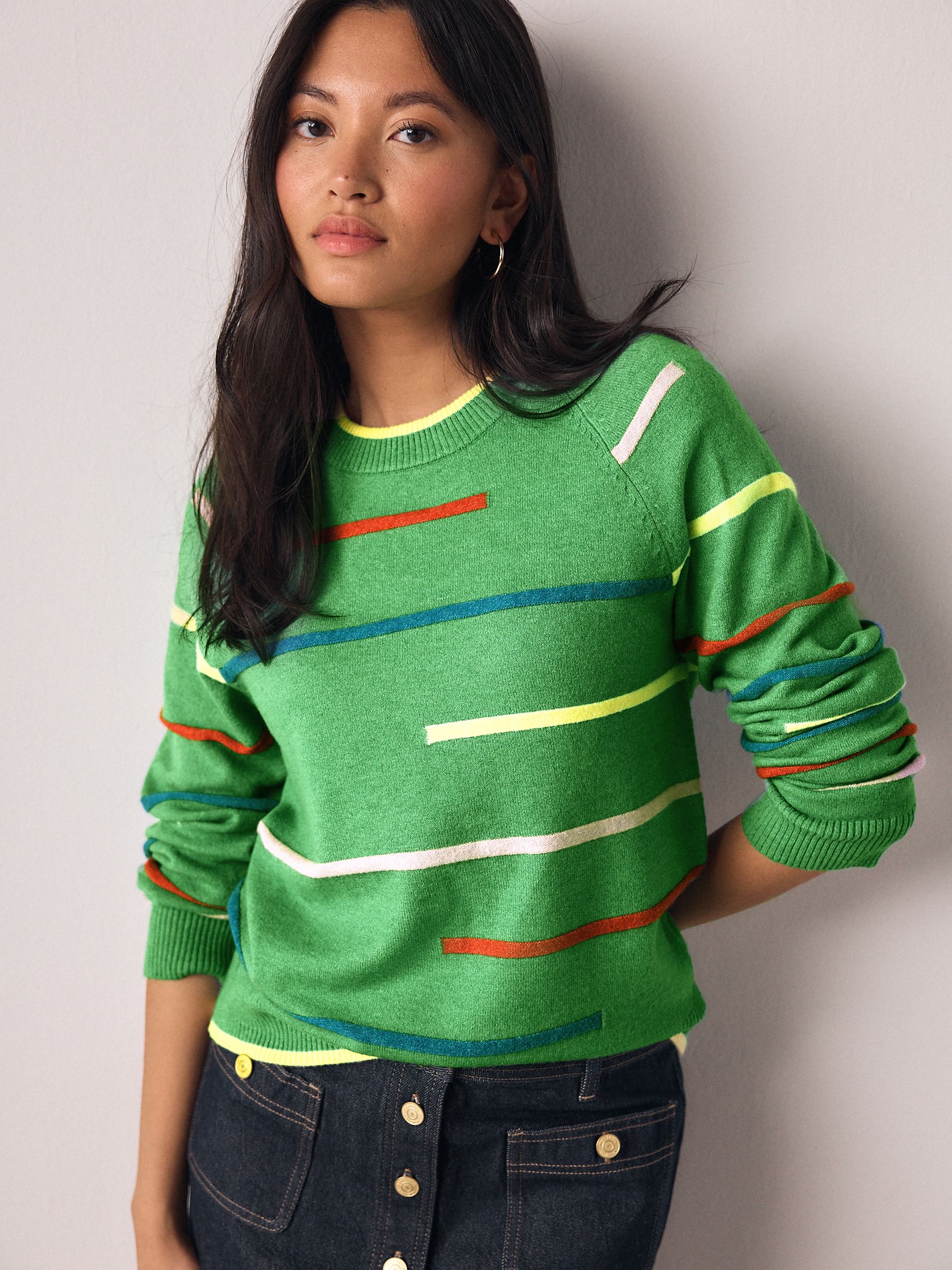 Buy Green Multi Stripe Supersoft Crew Neck Long Sleeve Jumper from the ...