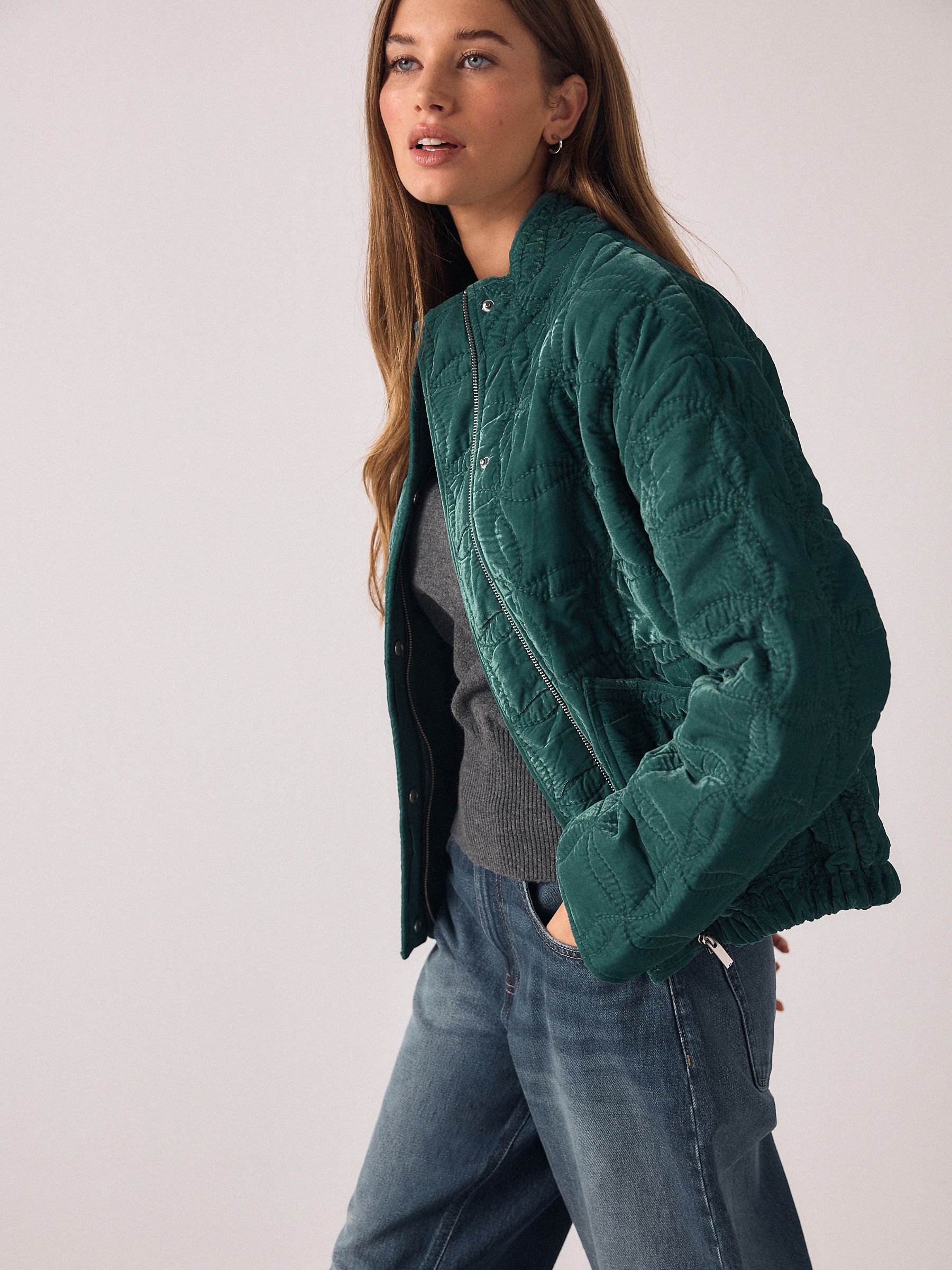 Buy Emerald Green Velvet Funnel Neck Quilted Jacket from the Next UK ...