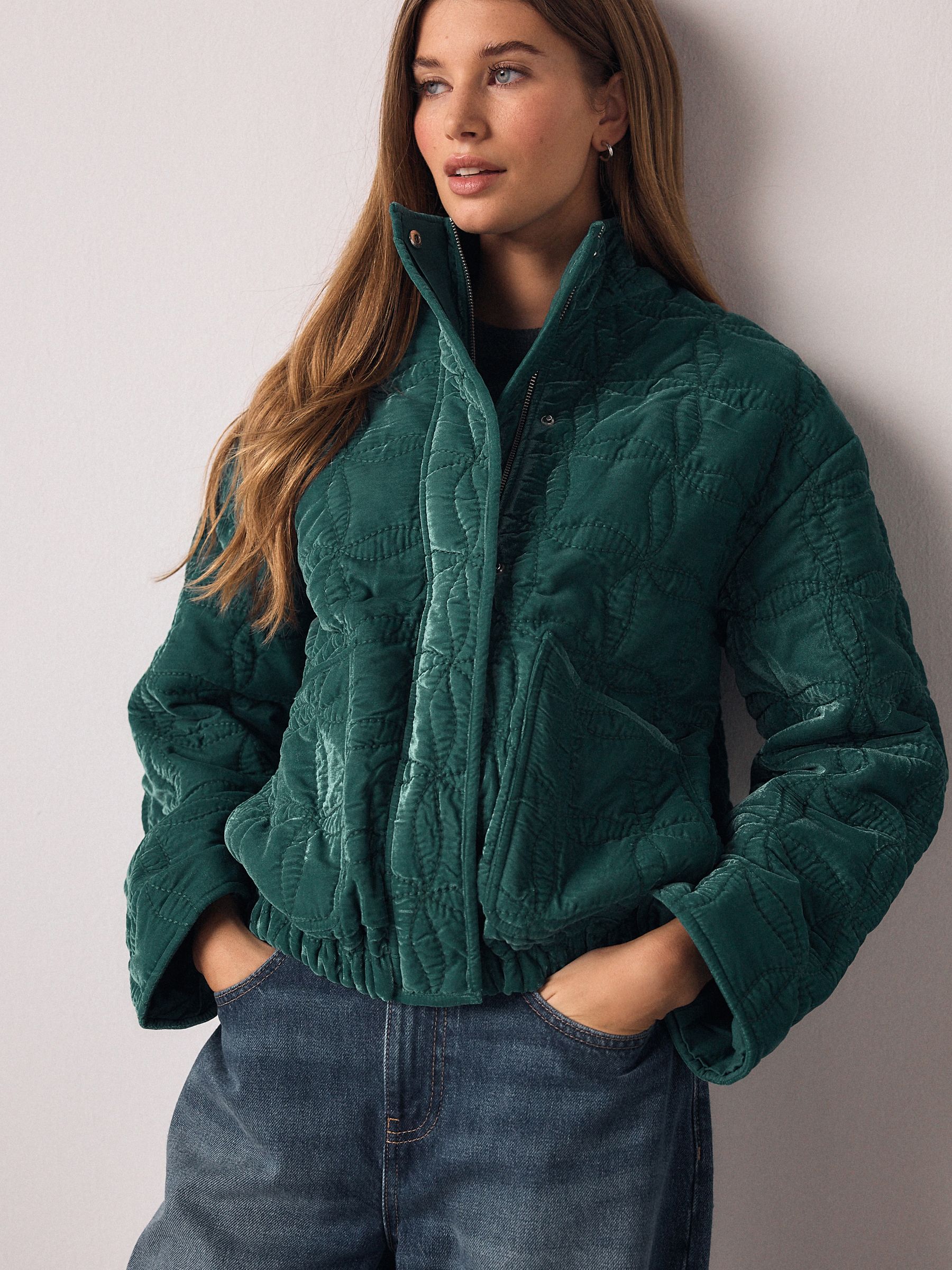 Buy Emerald Green Velvet Funnel Neck Quilted Jacket from Next Israel
