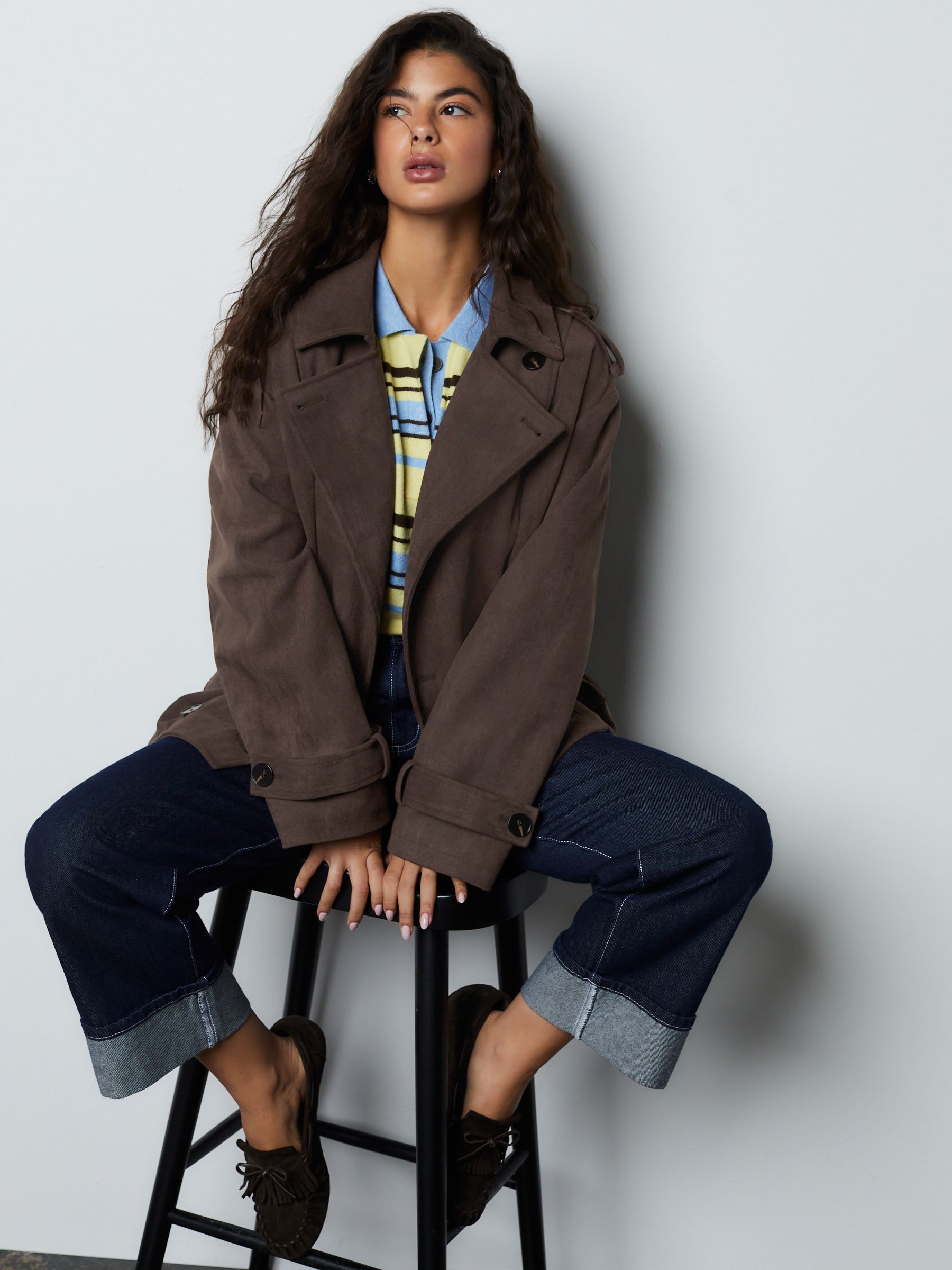 Buy Chocolate Brown Faux Suede Cropped Trench Coat from the Next UK ...
