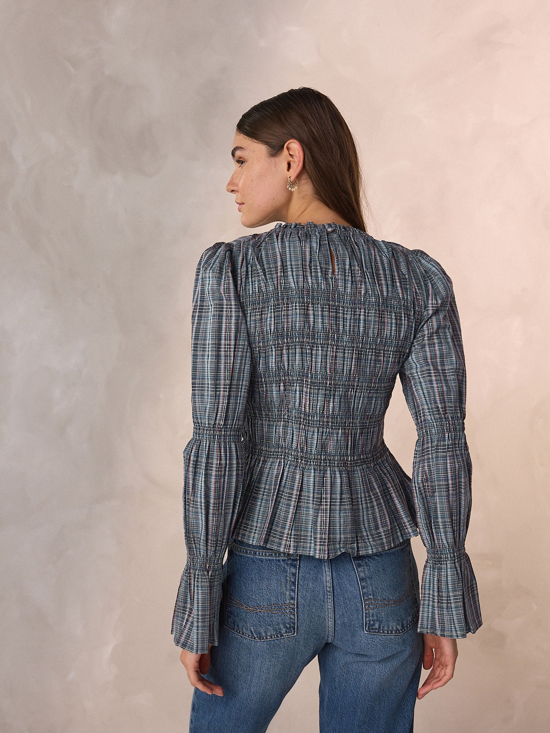 Buy Blue Metallic Check Smocked Long Sleeve Blouse from the Next UK ...