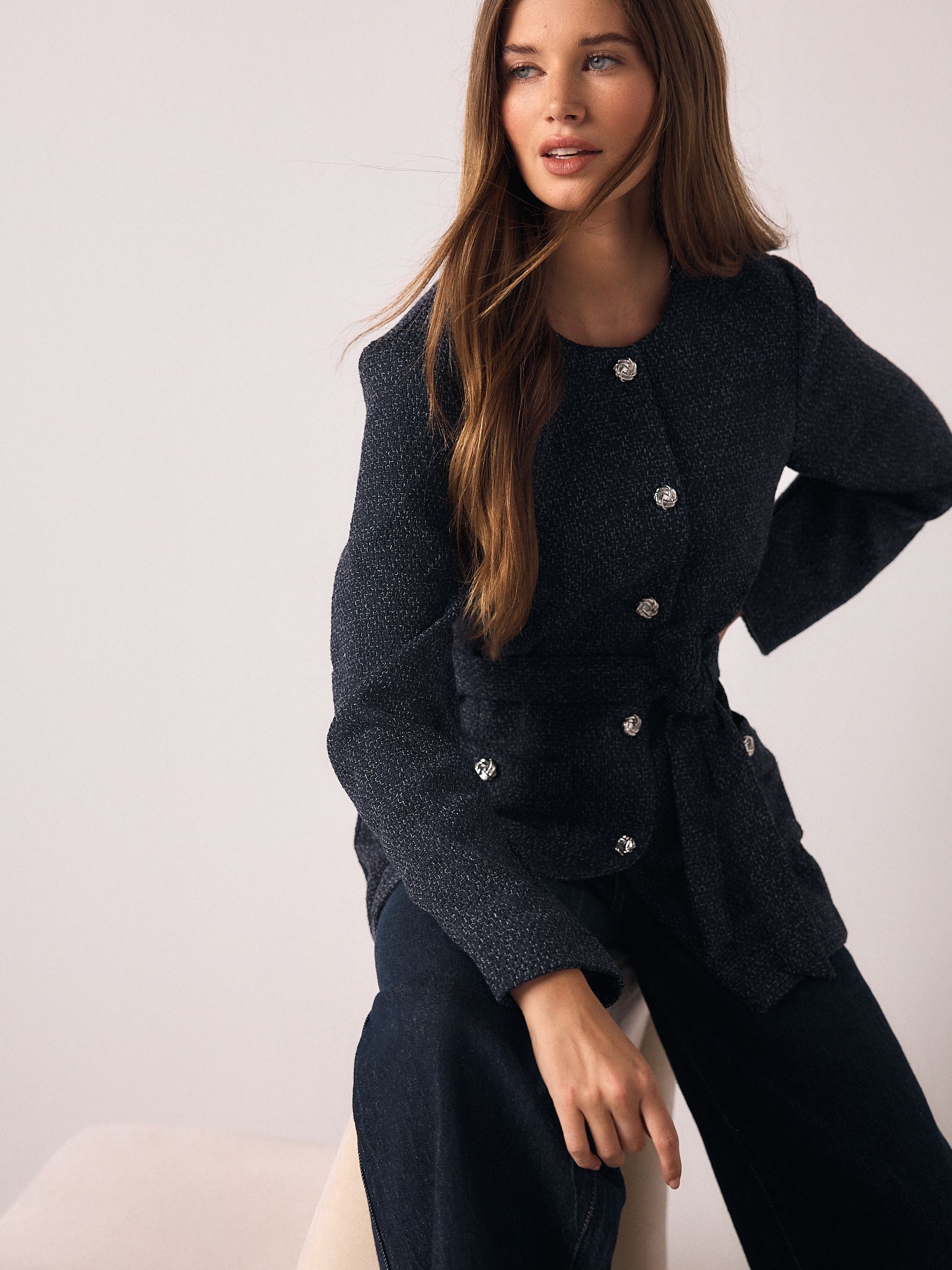 Buy Navy Blue Fleck Boucle Belted Jacket from the Next UK online shop
