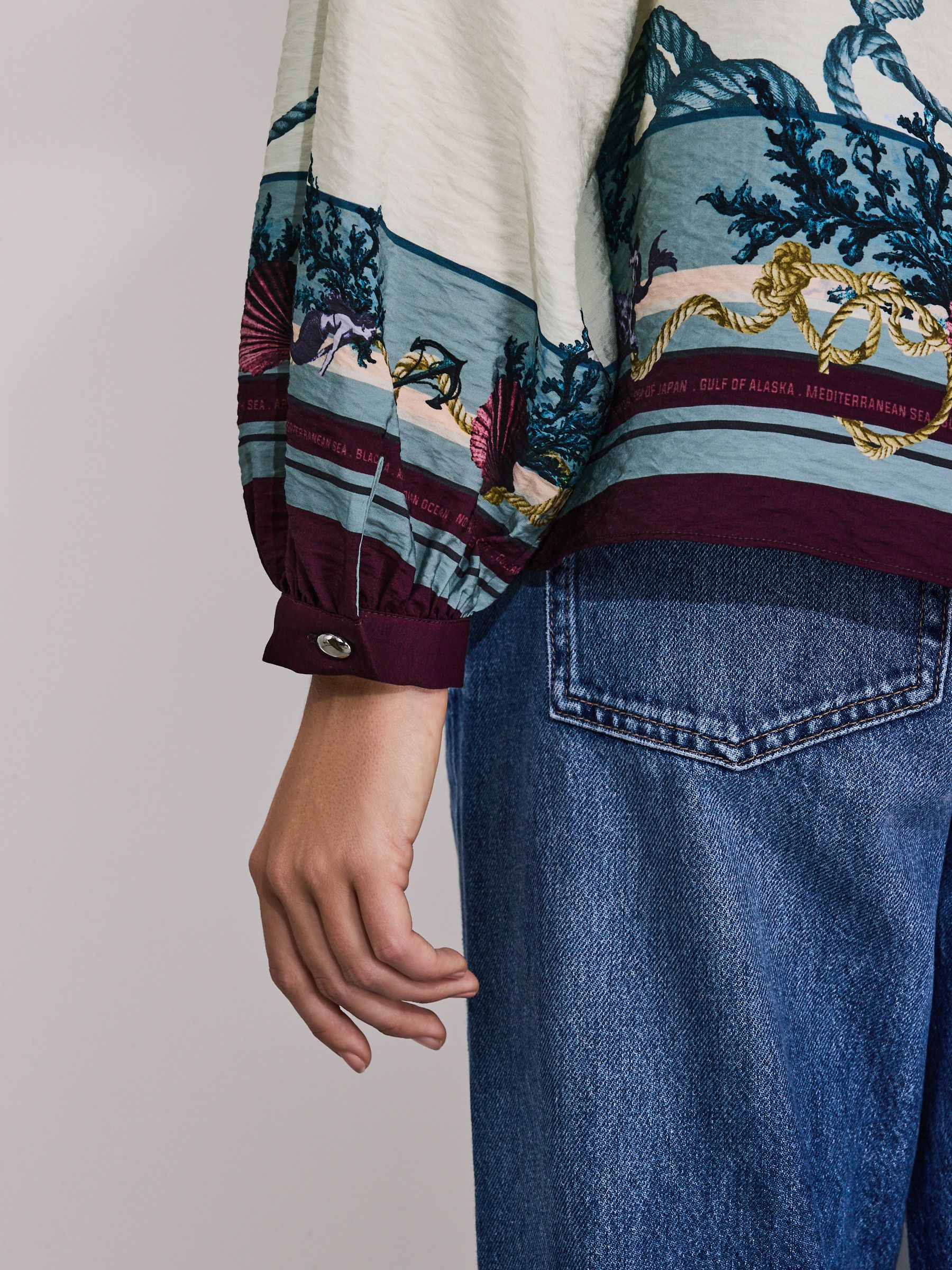 Buy Marine Border Print Keyhole Detail Relaxed Long Sleeve Blouse from ...