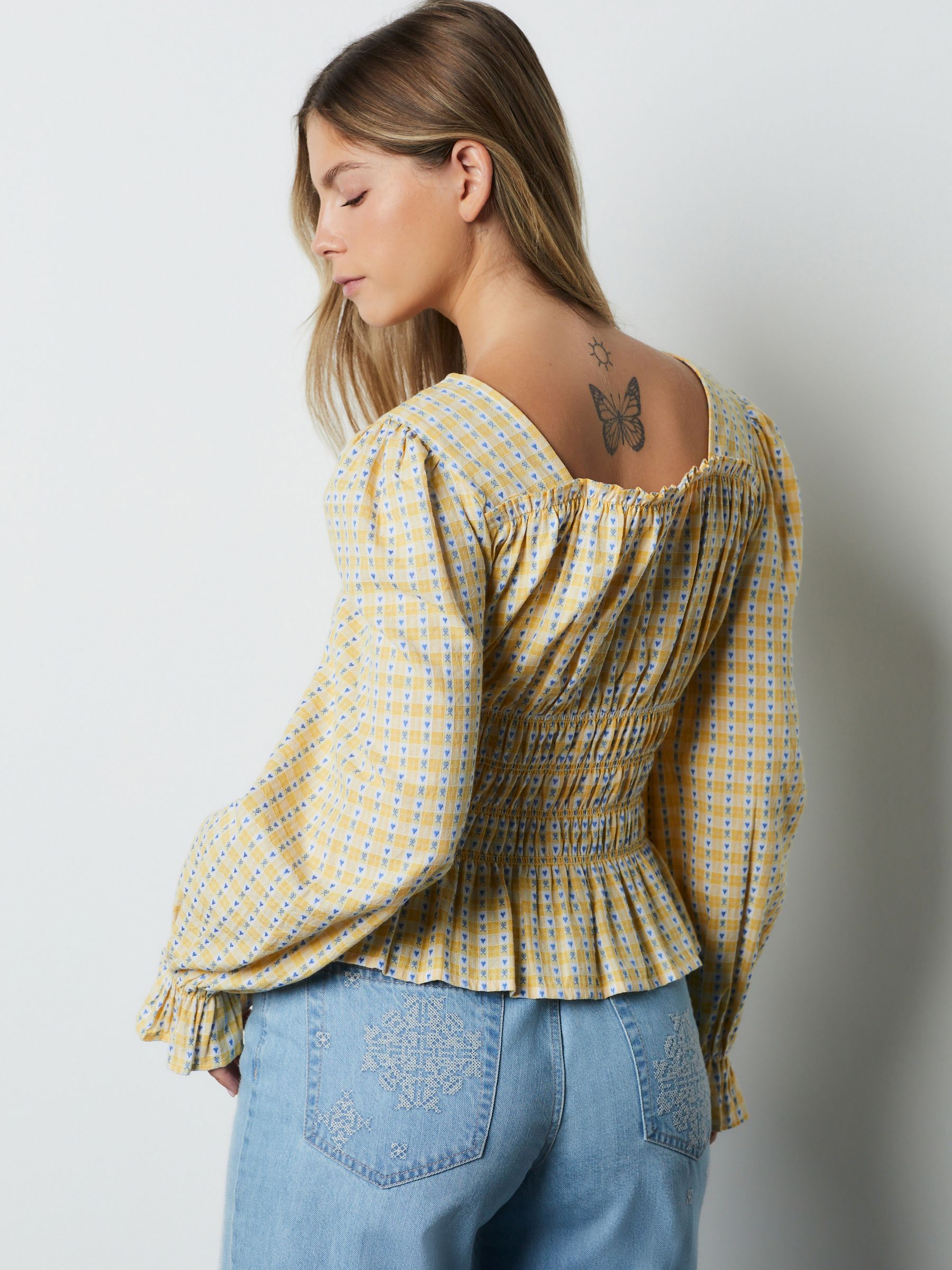 Buy Yellow Gingham Shirred Long Sleeve Milkmaid Top from the Next UK ...
