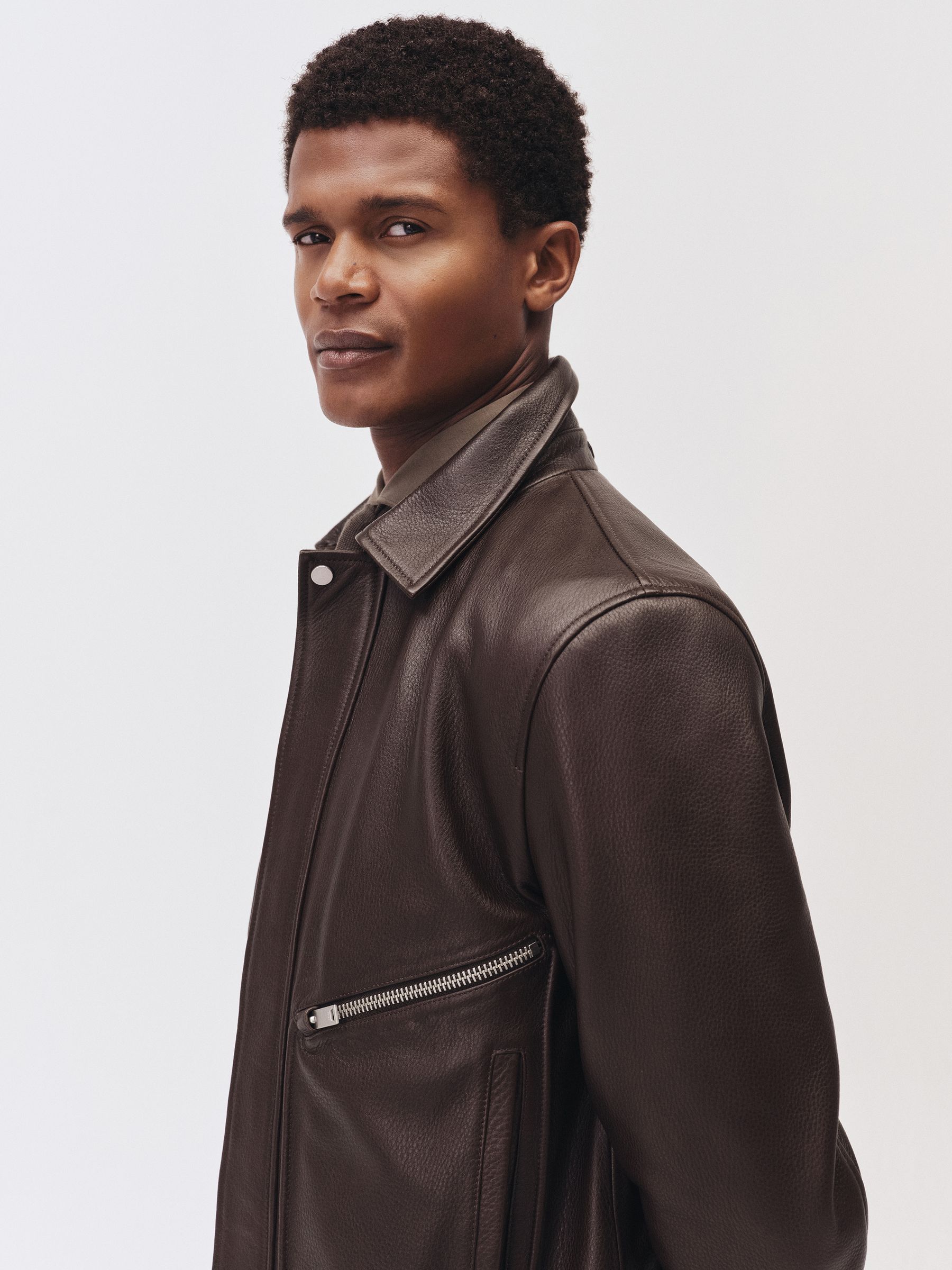 Buy Reiss Chocolate Brown Perling Burnished-Leather Zip-Through Jacket ...