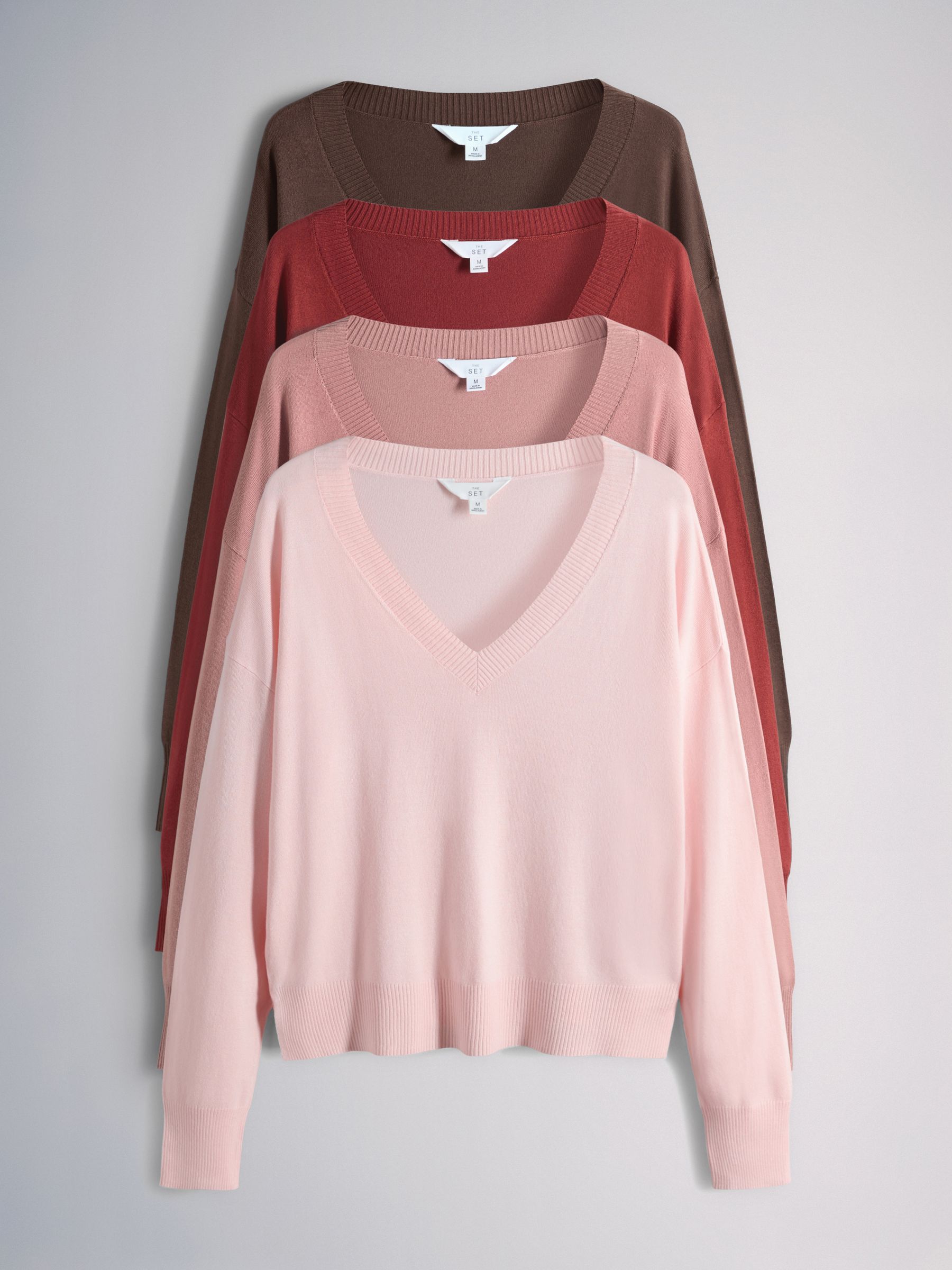 Buy The Set 4 Pack Fine Knit V-Neck Jumpers 3 Pack Brown/Red/Pink from ...