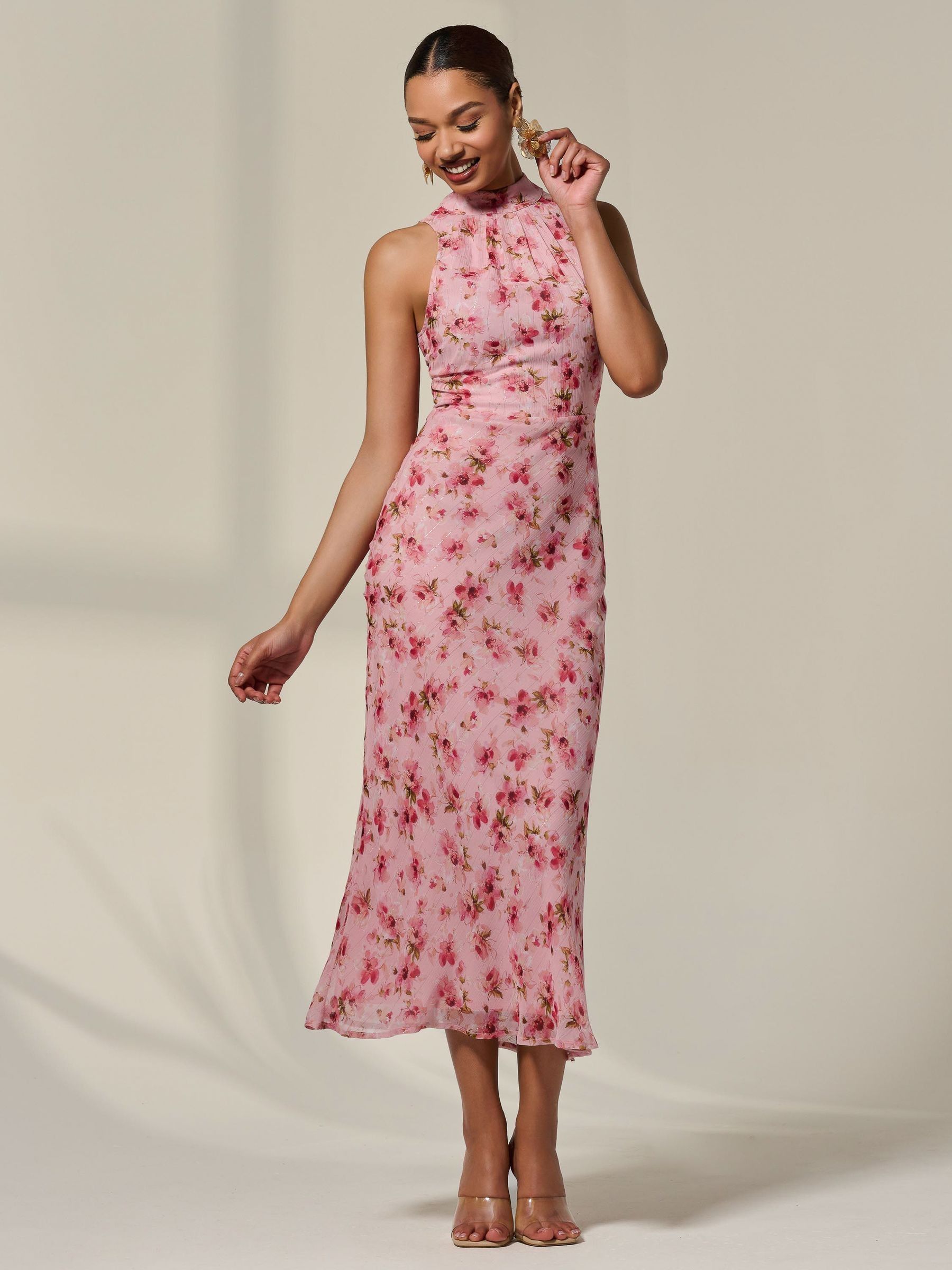 Buy Jolie Moi Pink Chiffon Halterneck Printed Midaxi Dress from the ...