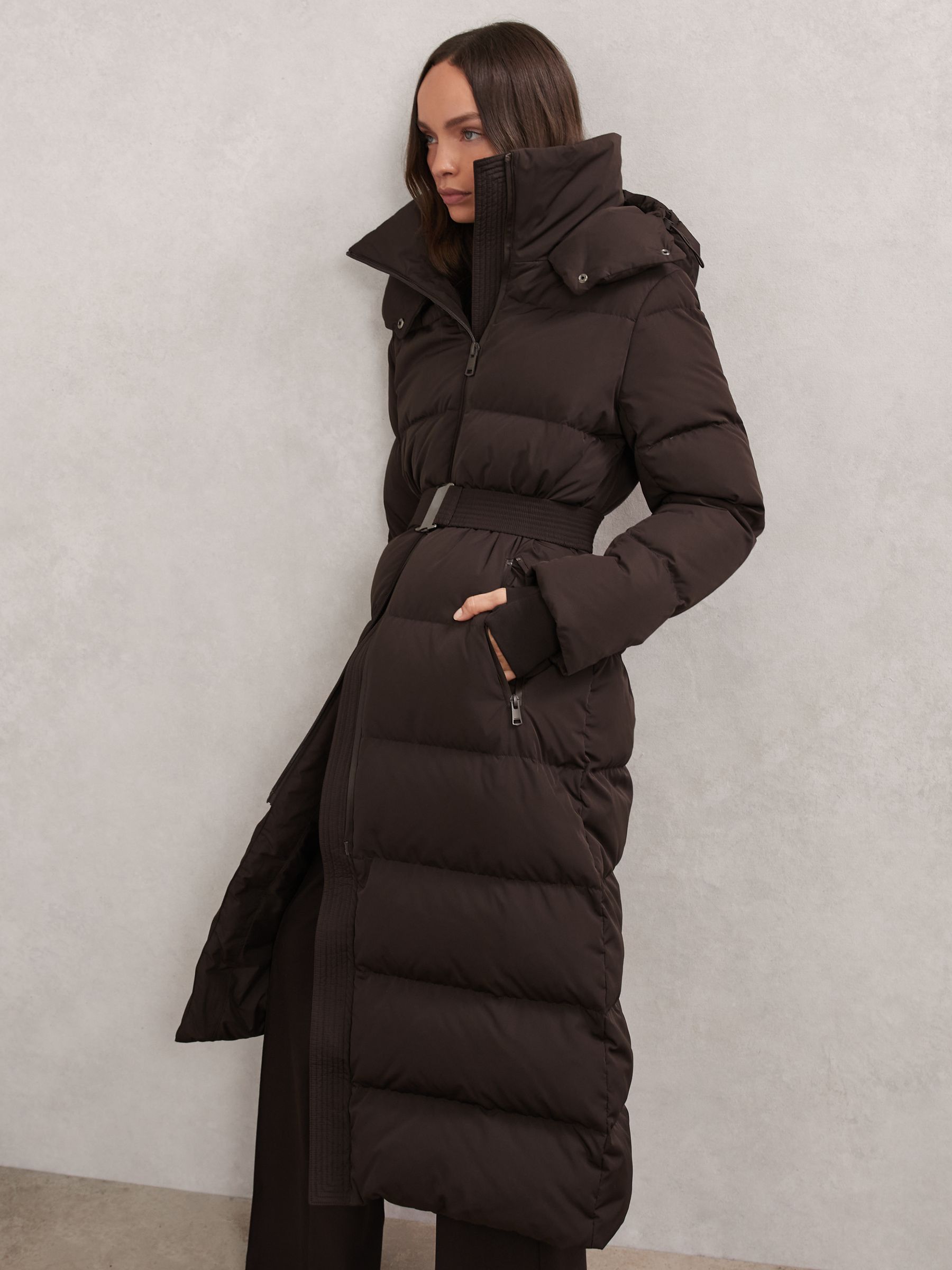 Buy Reiss Chocolate Brown Colette Belted Longline Hooded Puffer Coat ...