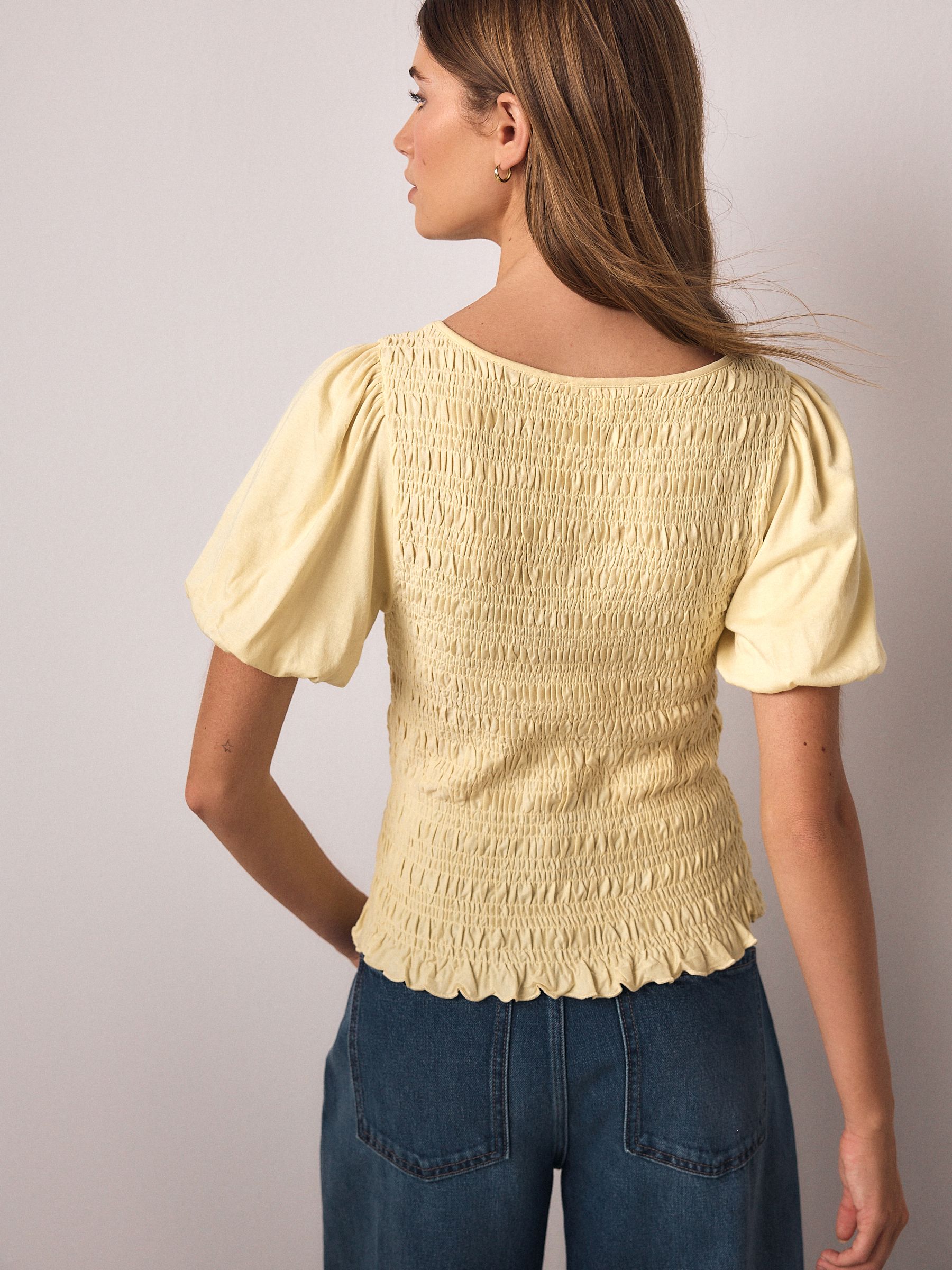 Buy Butter Yellow Shirred Short Sleeve Crew Neck Top from the Next UK ...