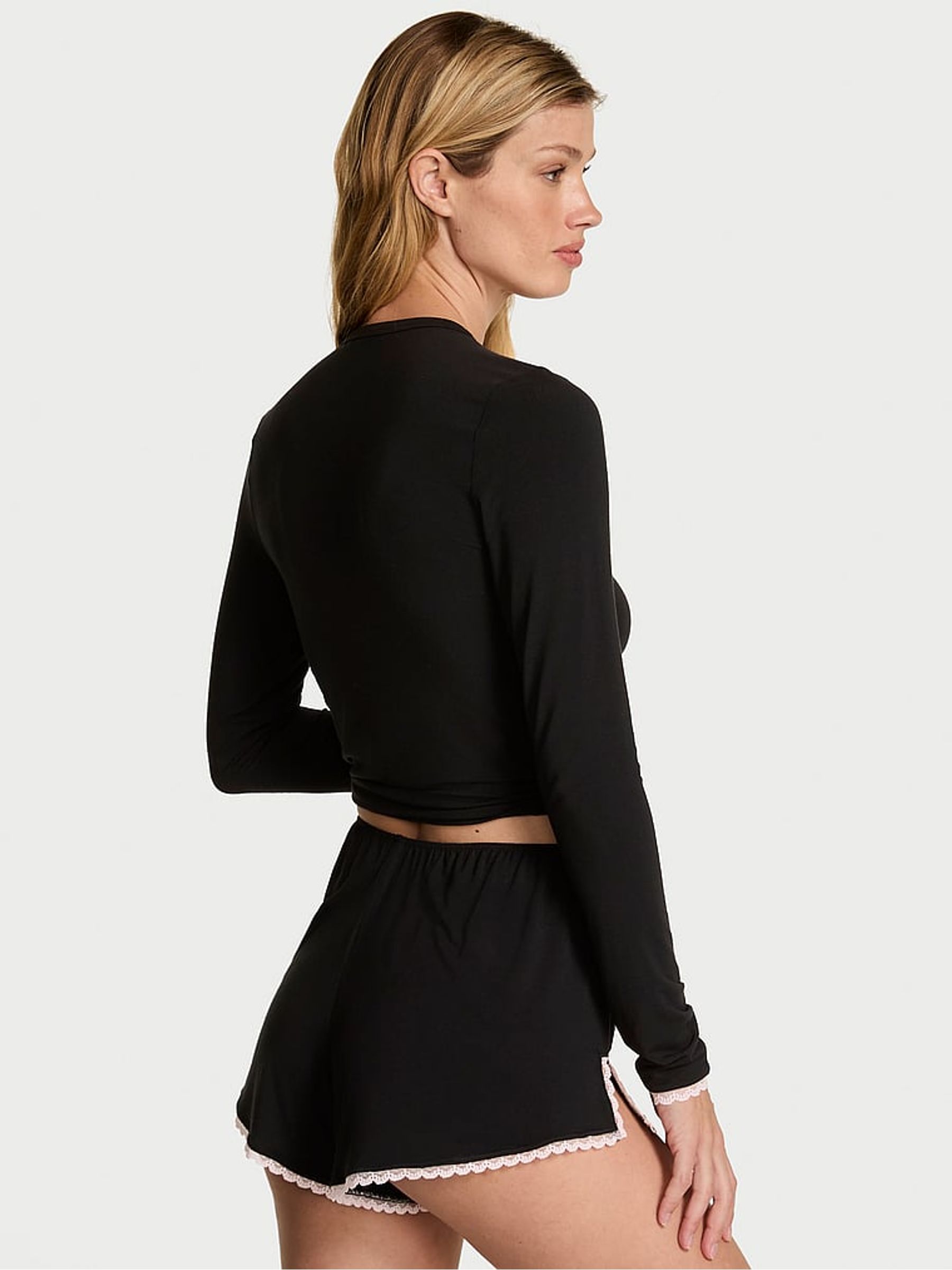 Buy Victoria's Secret Black Modal Bow Pyjamas Long Sleeve Top & Shorts ...
