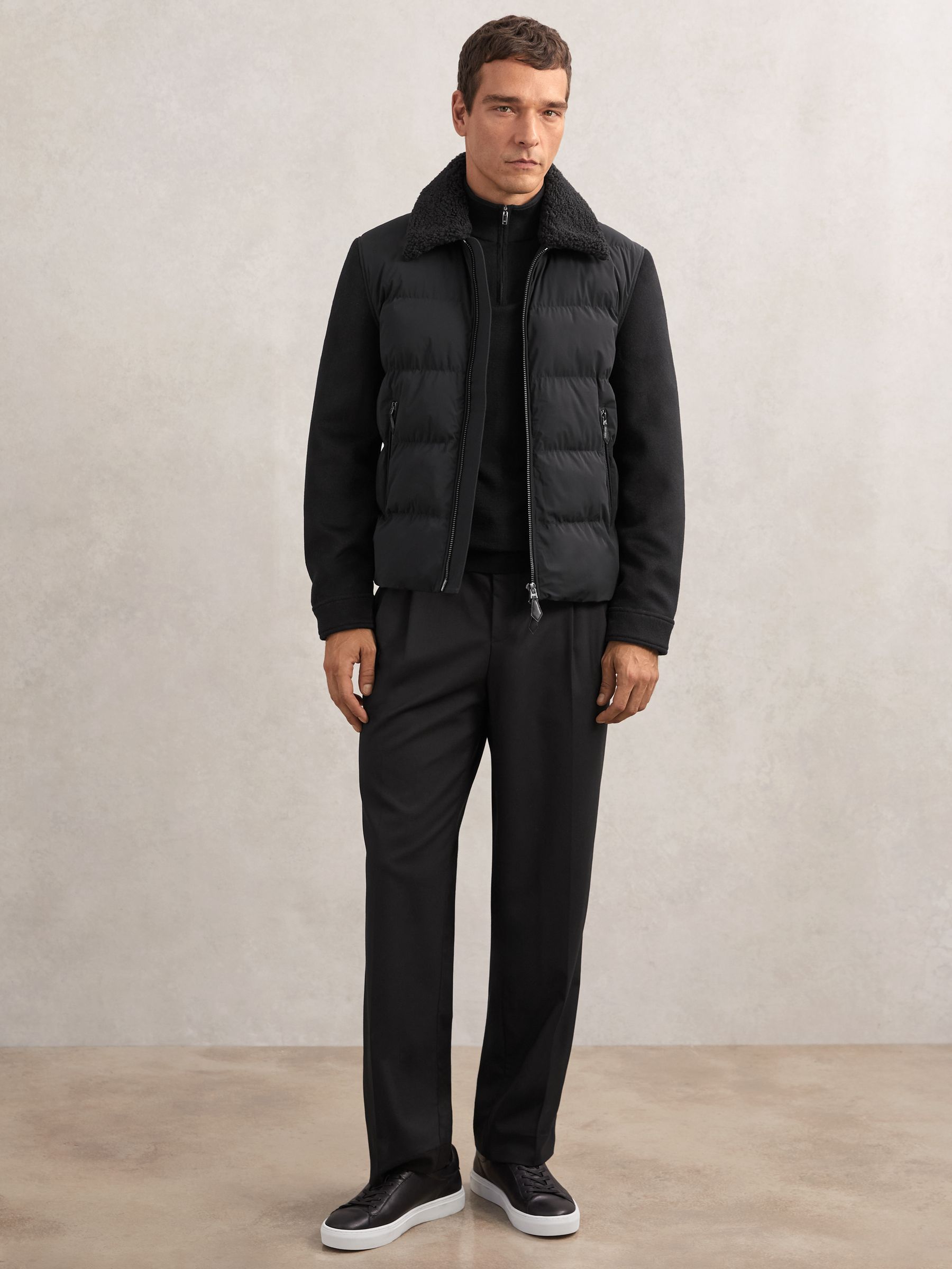 Buy Reiss Black Maximus Wool-Sleeve Quilted Puffer Jacket from the Next ...