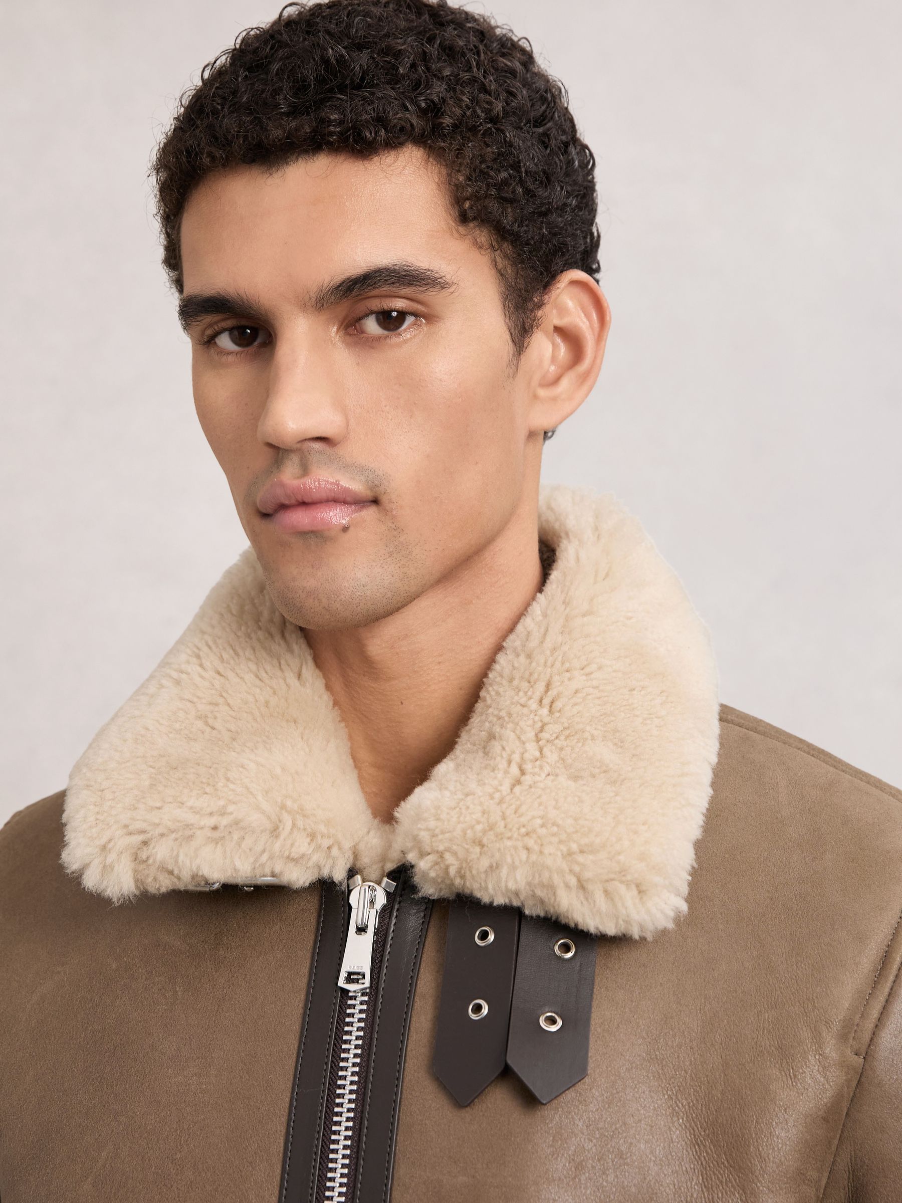 Buy Reiss Light Brown Hardy Shearling-Collar Leather Jacket from Next ...