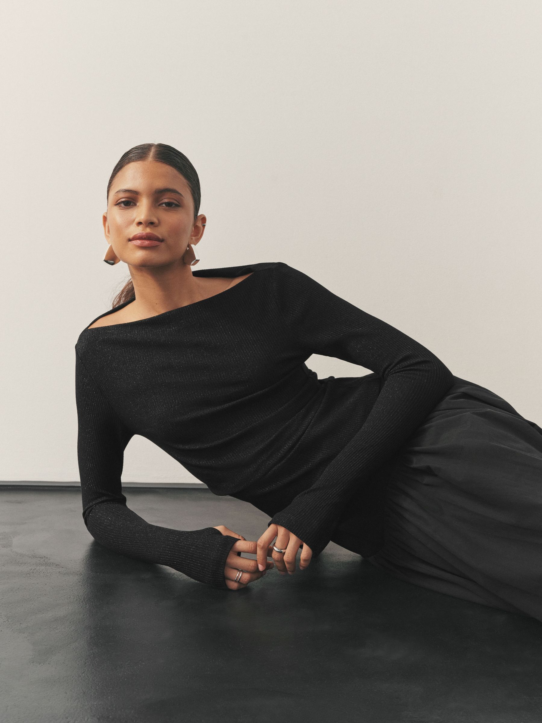 Buy Nothing Ordinary Black Sparkle Metallic Slash Neck Long Sleeve Top ...