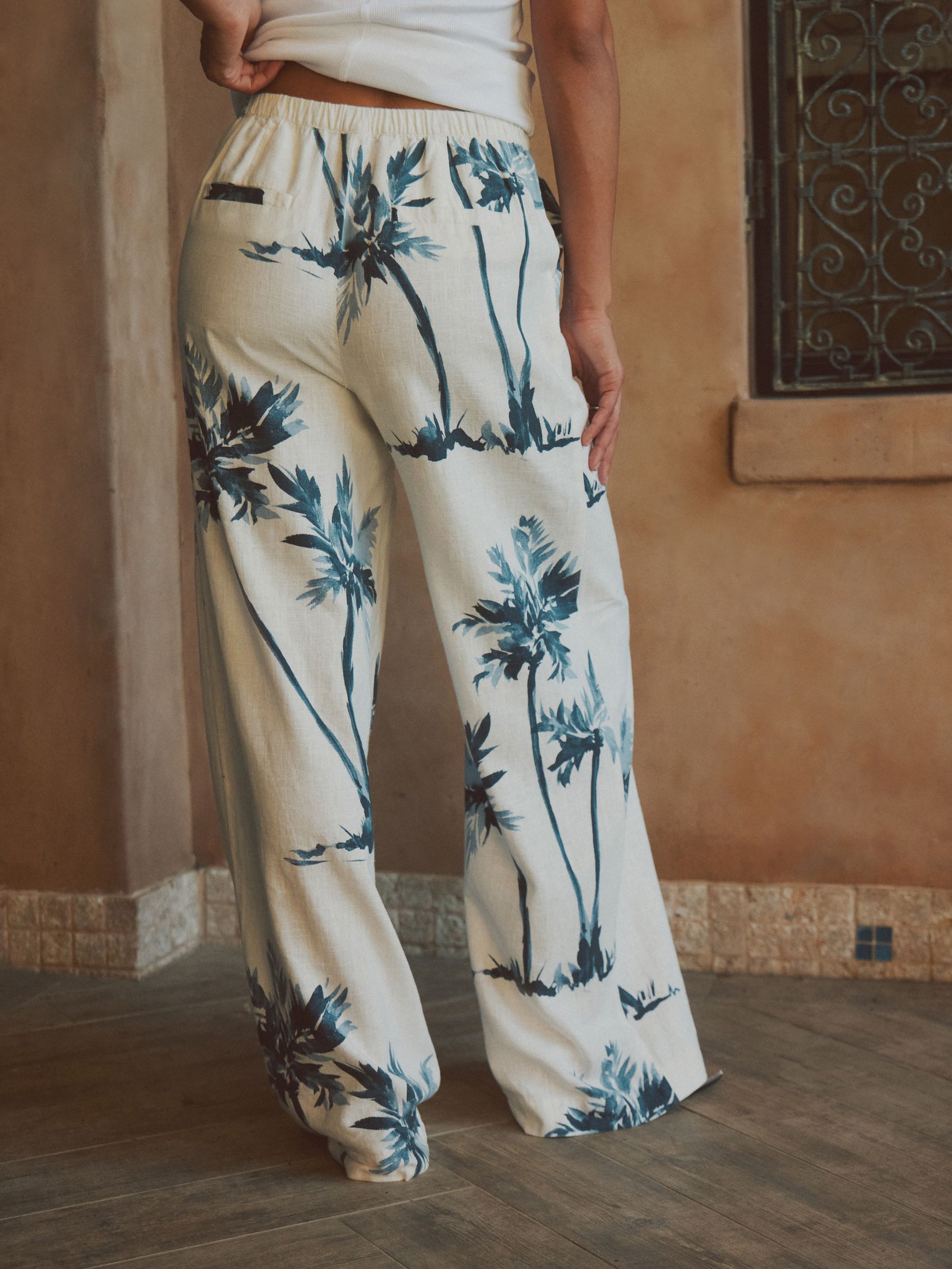 Buy Ecru/Navy Palm Print Linen Blend Wide Leg Trousers from Next Canada