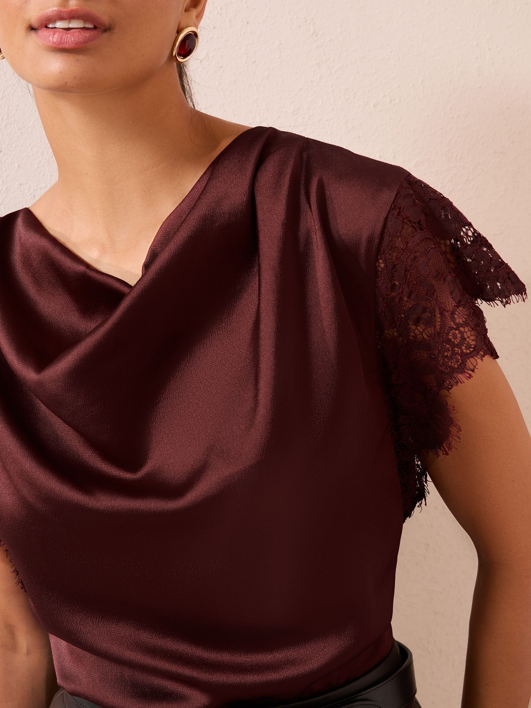 Buy Friends Like These Fig Purple Satin Lace Detail Cowl Neck Blouse ...